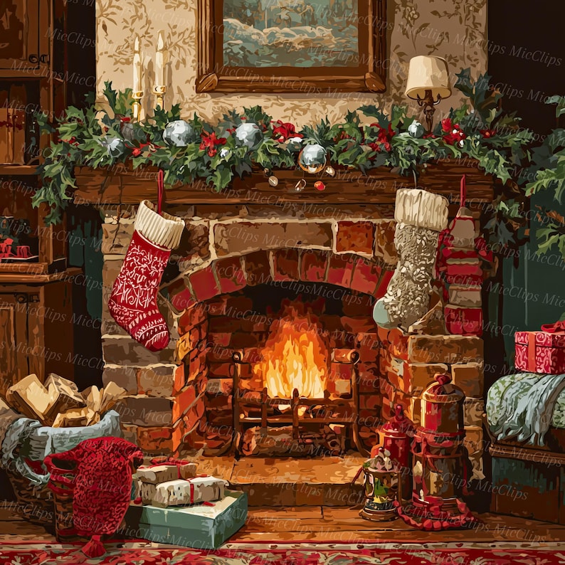 16 Cozy Christmas Fireplace Holiday Card, Printable Watercolor Clipart ...
