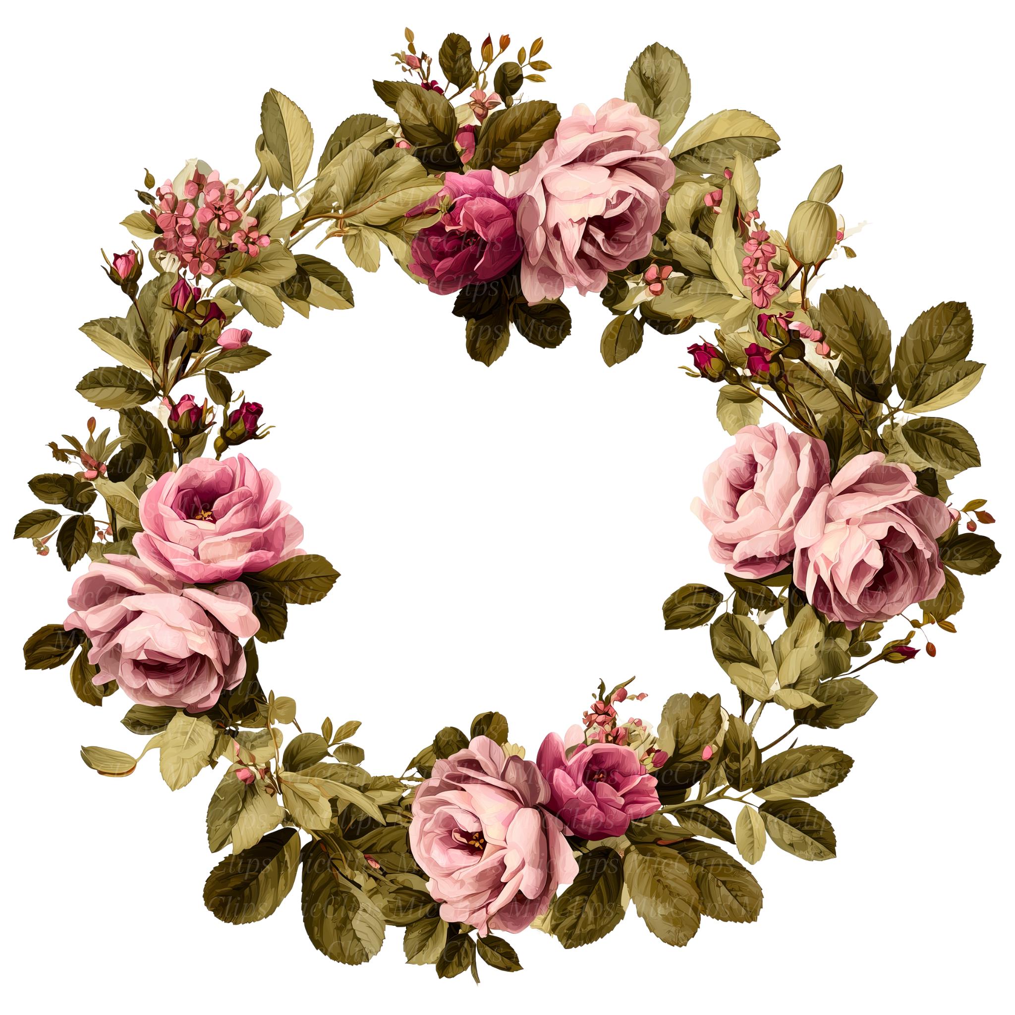 Pink Rose Wreath Clipart Bundle: Watercolor Floral Pngs (digital ...