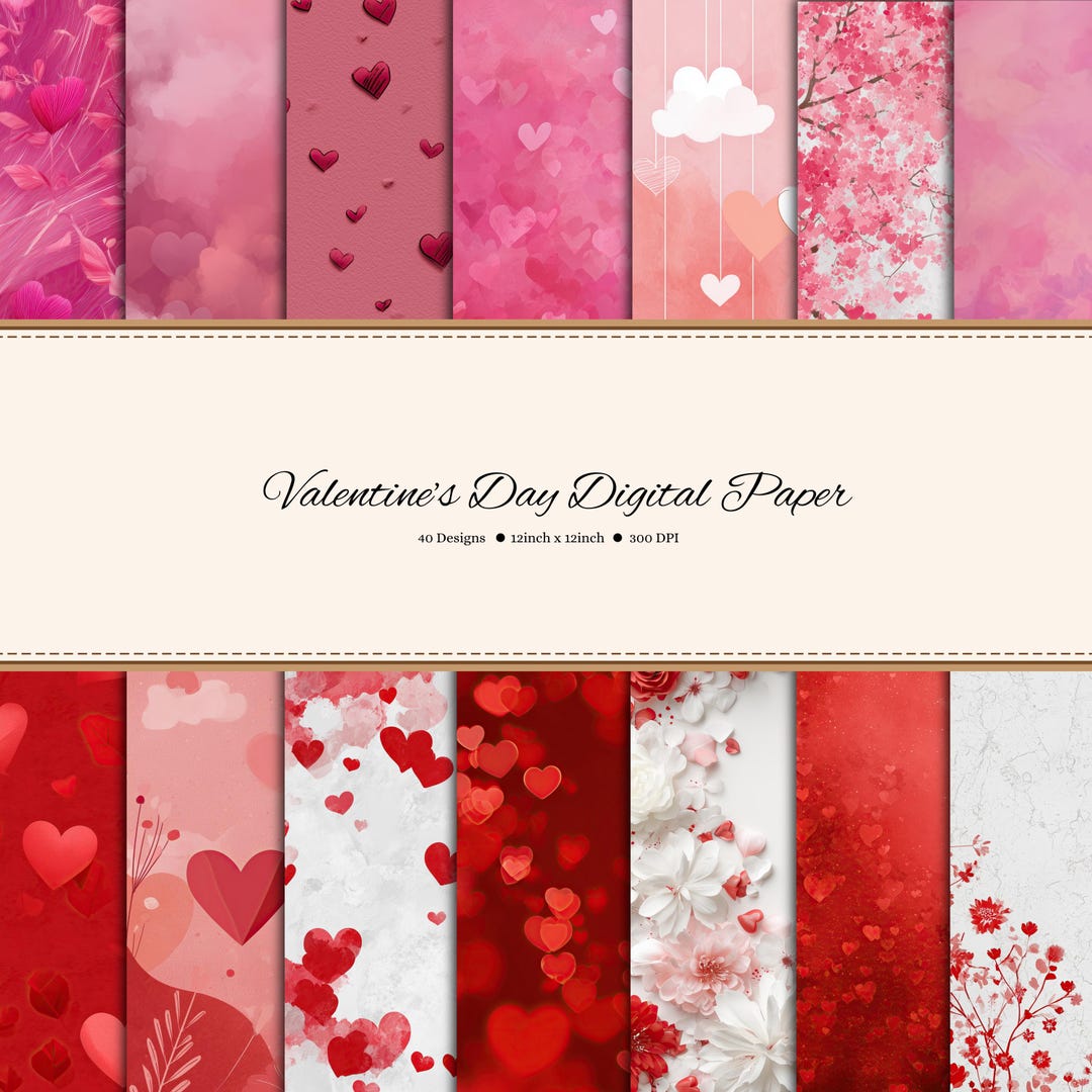 40 Valentine's Day Themed Digital Paper, Red and Pink Backgrounds ...