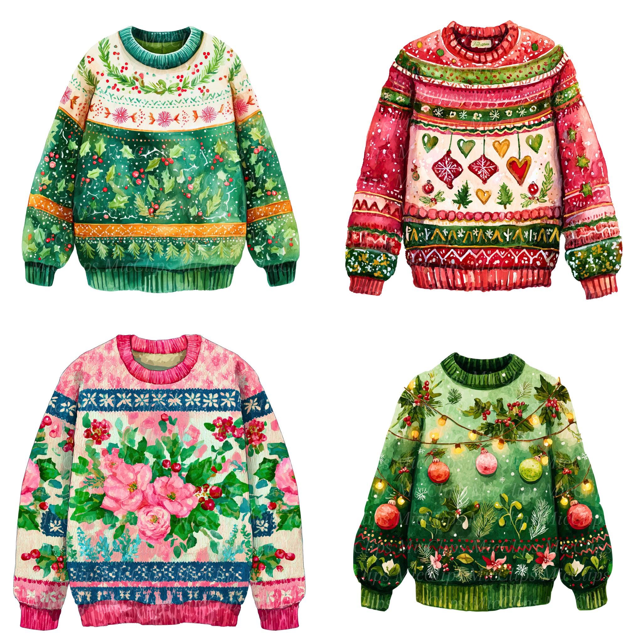 16 Ugly Christmas Sweater Clipart, Tacky Holiday Sweaters, Printable ...