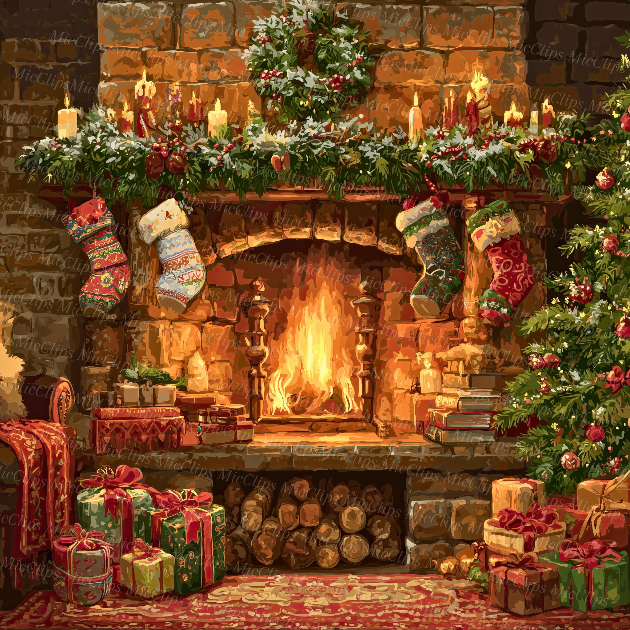 16 Cozy Christmas Fireplace Holiday Card, Printable Watercolor Clipart ...