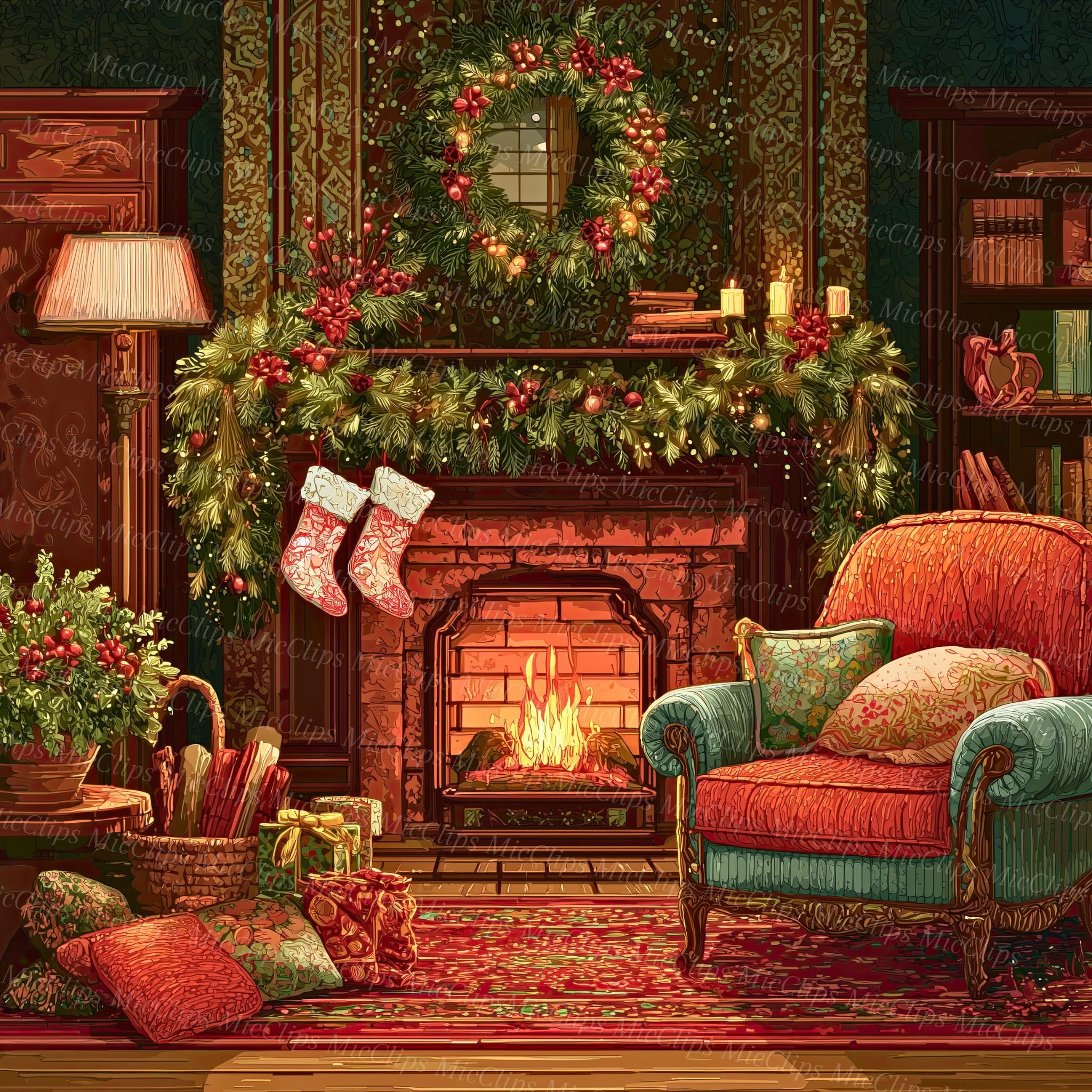16 Cozy Christmas Fireplace Holiday Card, Printable Watercolor Clipart ...