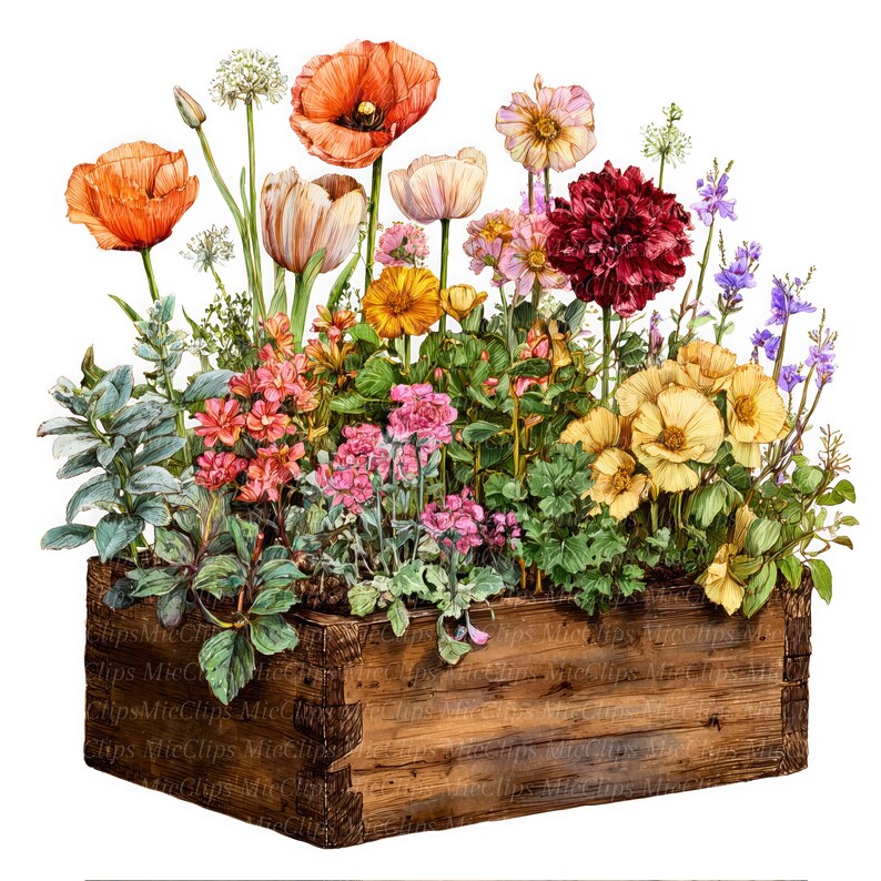 15 Wooden Flower Box Clipart, Wildflower Spring Garden, Printable ...