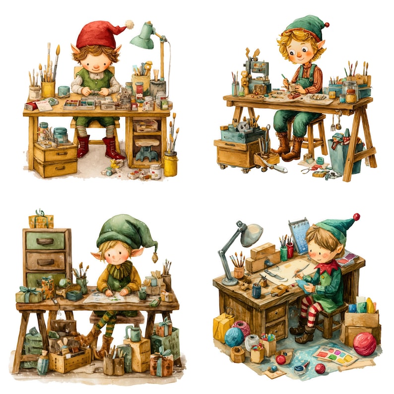12 Christmas Elf Clipart, Santa's Workshop, Festive Whimsical Elves ...