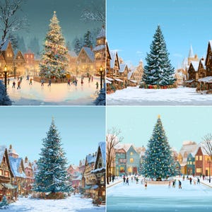 14 Christmas Tree Clipart, Winter Village Skating Rink, Holiday Card ...