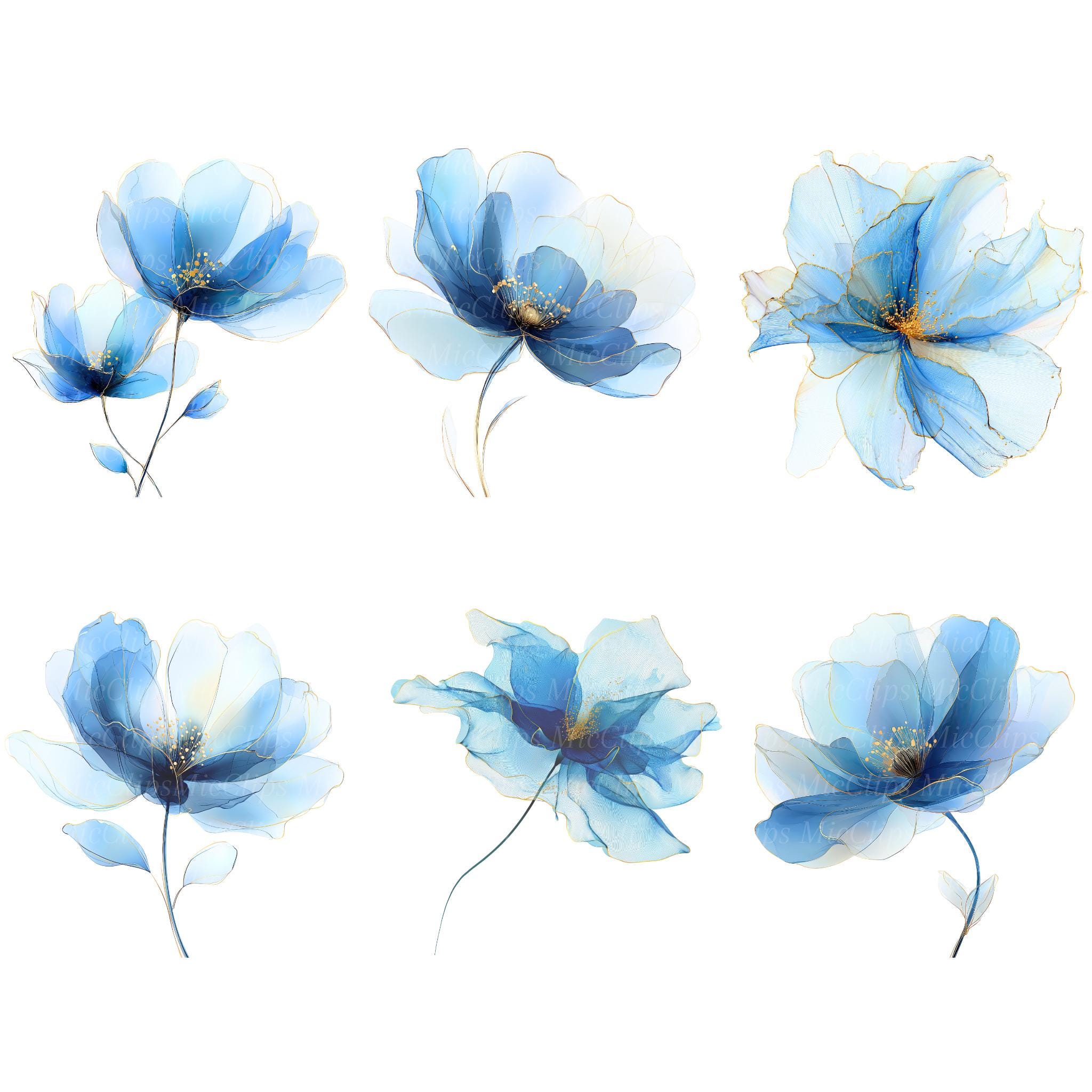 12 Abstract Flowers Clipart, Blue Gold Flower, Flowers Print, Printable ...