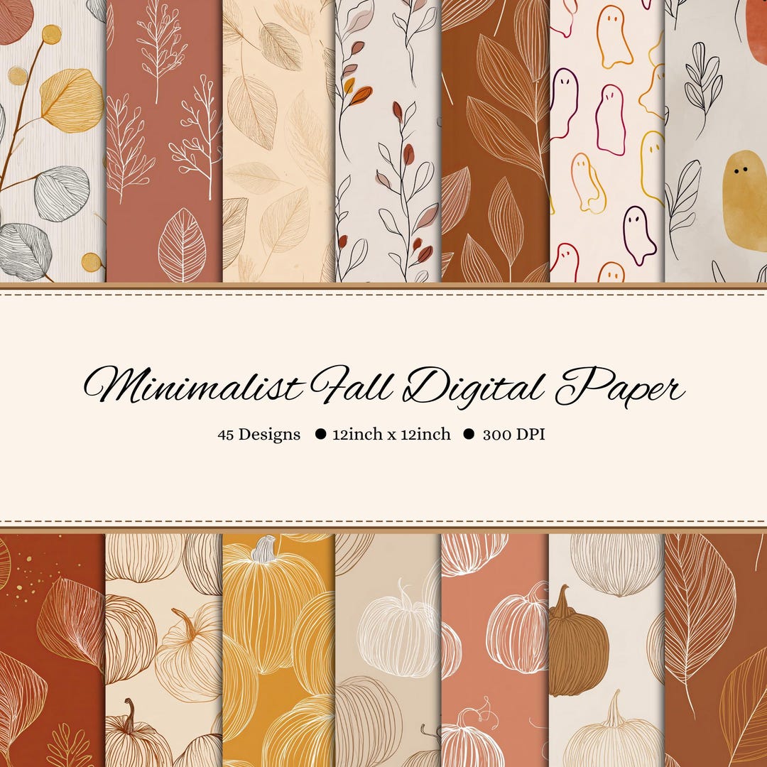 Minimalist Fall Digital Paper Pack, Autumn Leaves, Pumpkin Linework ...