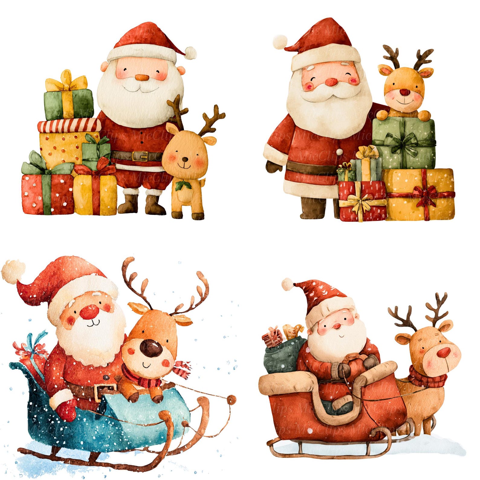 20 Cute Santa With Reindeer Clipart, Printable Watercolor Christmas ...