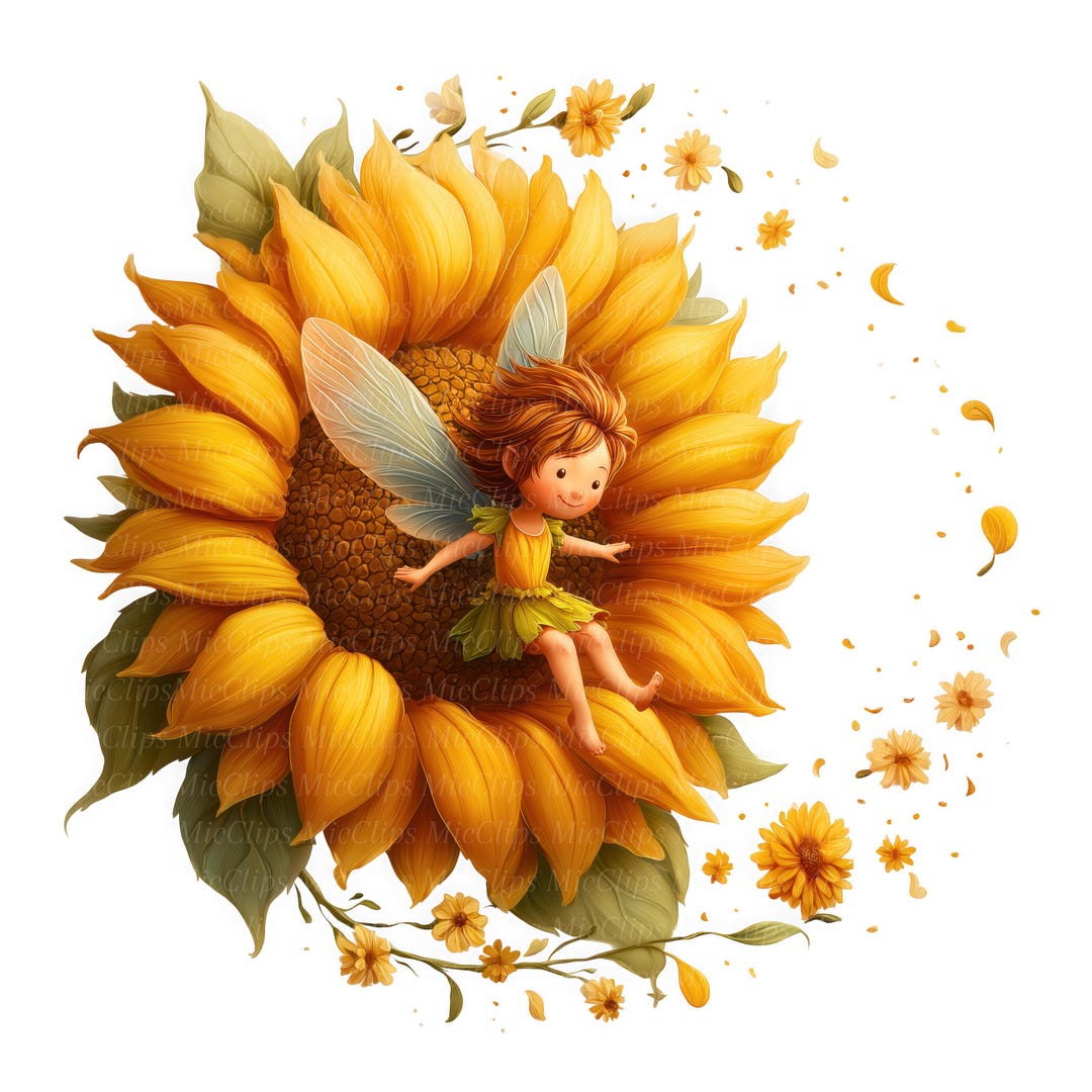 10 Sunflower Fairy Clipart, Yellow Floral Magic, Spring Garden Fairies ...