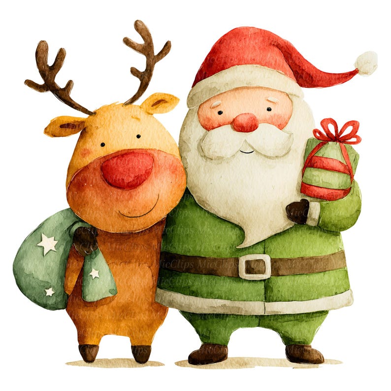 20 Cute Santa With Reindeer Clipart, Printable Watercolor Christmas ...