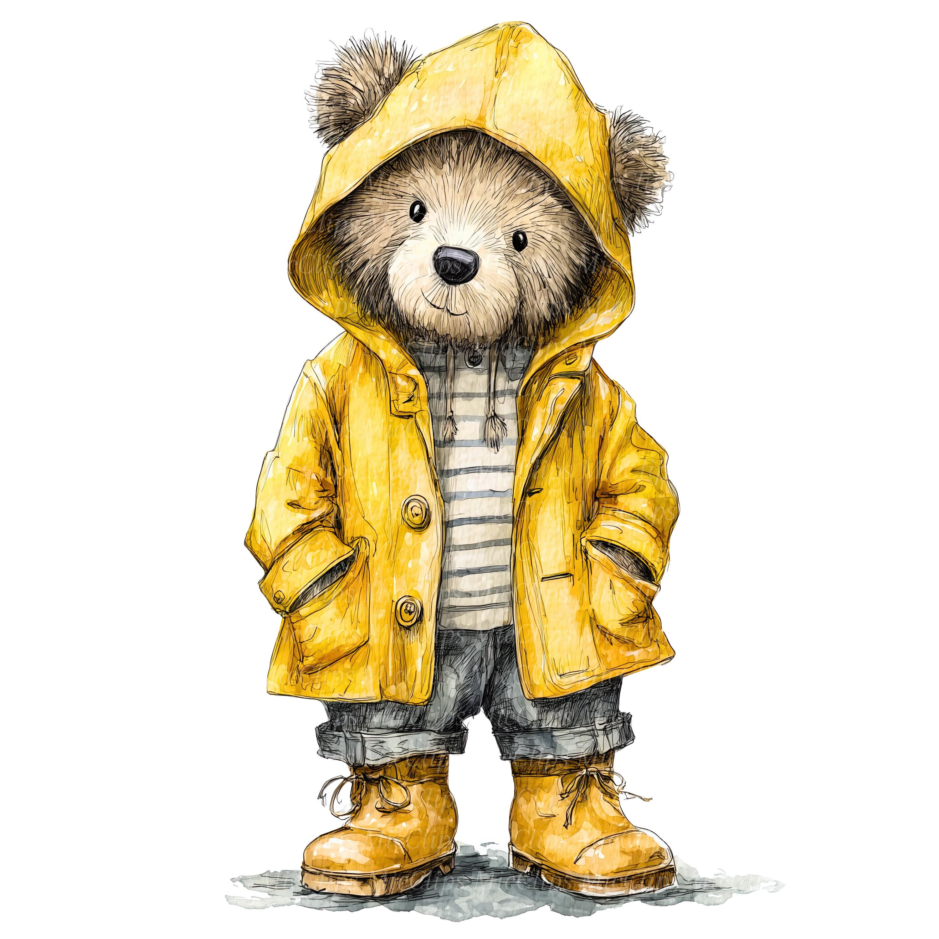 10 Teddy Bear Rainy Clipart, Cute Yellow Raincoat, Printable Watercolor ...