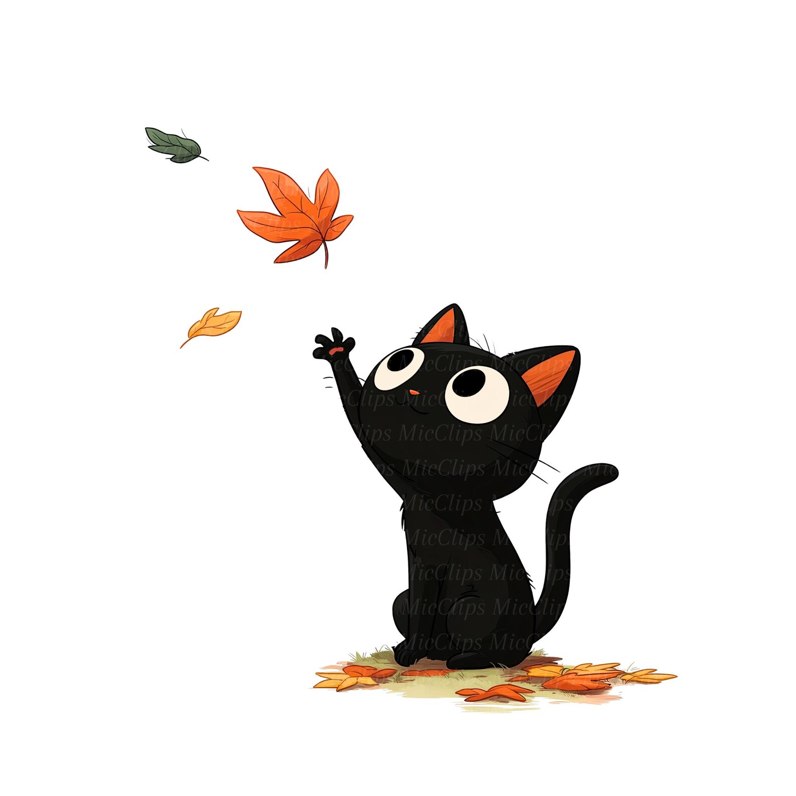 8 Cute Black Cat Clipart, Autumn Leaves Kitten, Printable Clipart, High ...