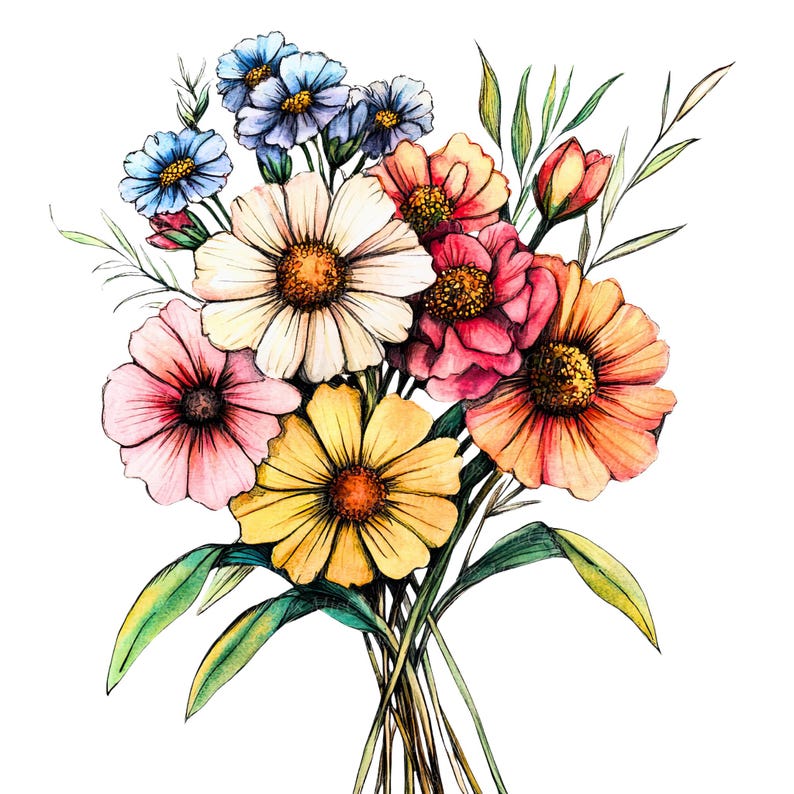 Daisy Bouquet Watercolor Clipart, Spring Flowers (digital Download) - Etsy