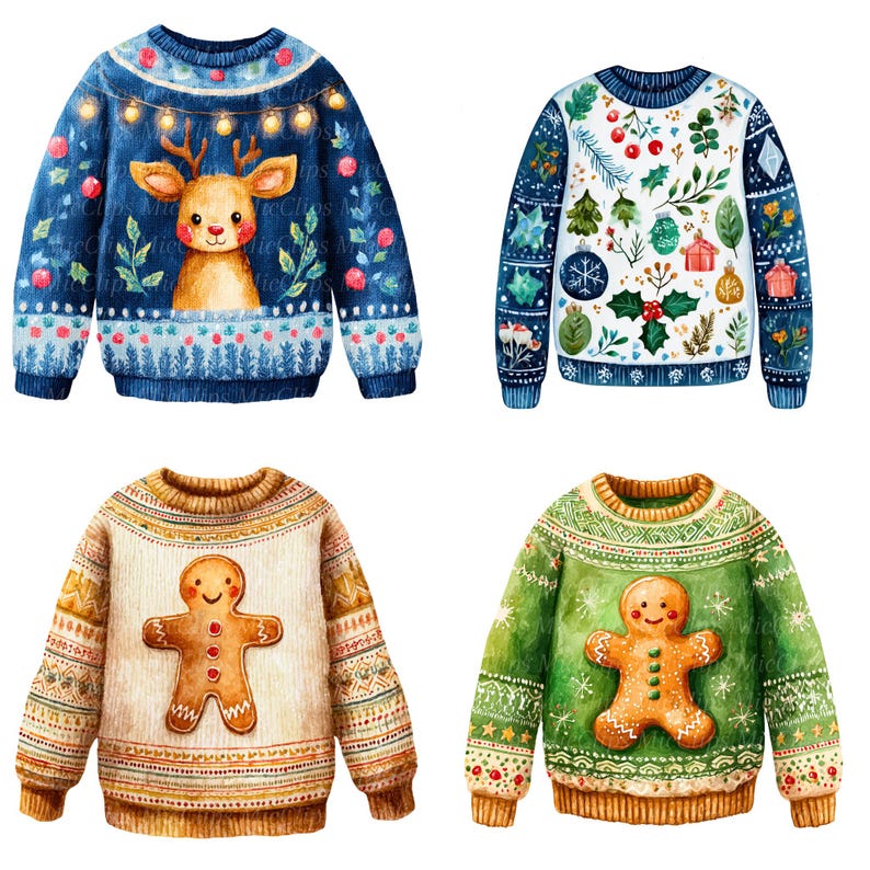 16 Ugly Christmas Sweater Clipart, Tacky Holiday Sweaters, Printable ...