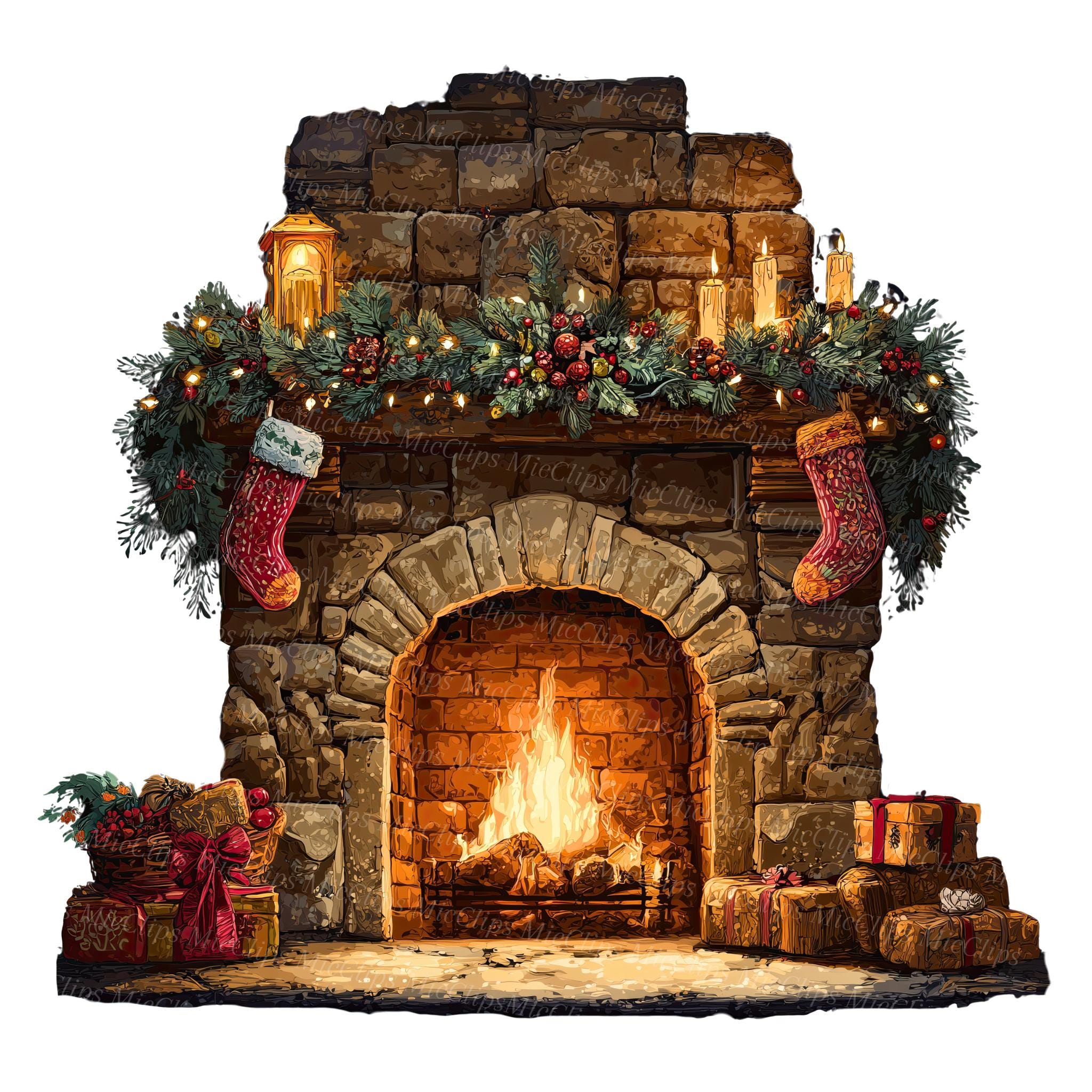 16 Cozy Christmas Fireplace Holiday Card, Printable Watercolor Clipart ...