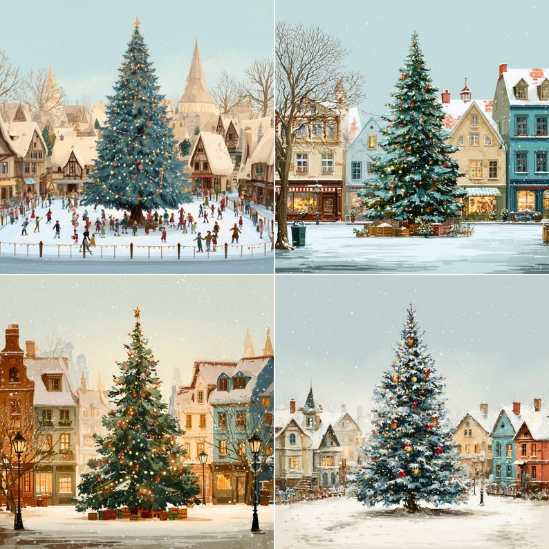 14 Christmas Tree Clipart, Winter Village Skating Rink, Holiday Card ...