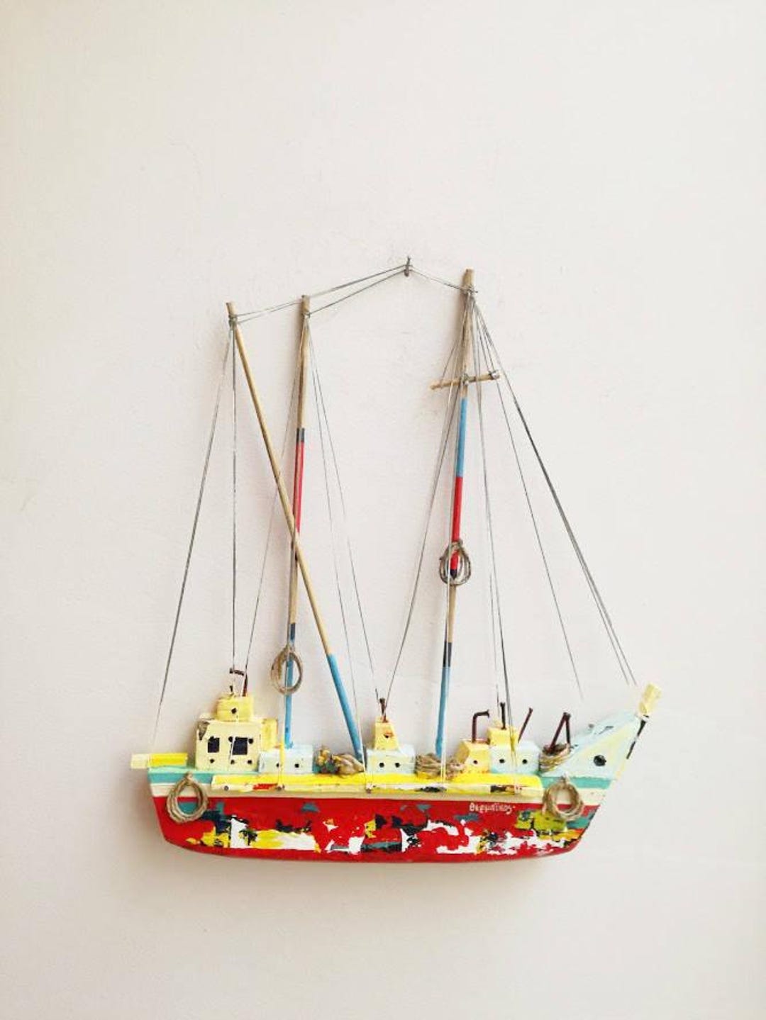 Wooden Greek Sailboat, Colourful Sailboat of Wood, Metal, Twine, Etc ...