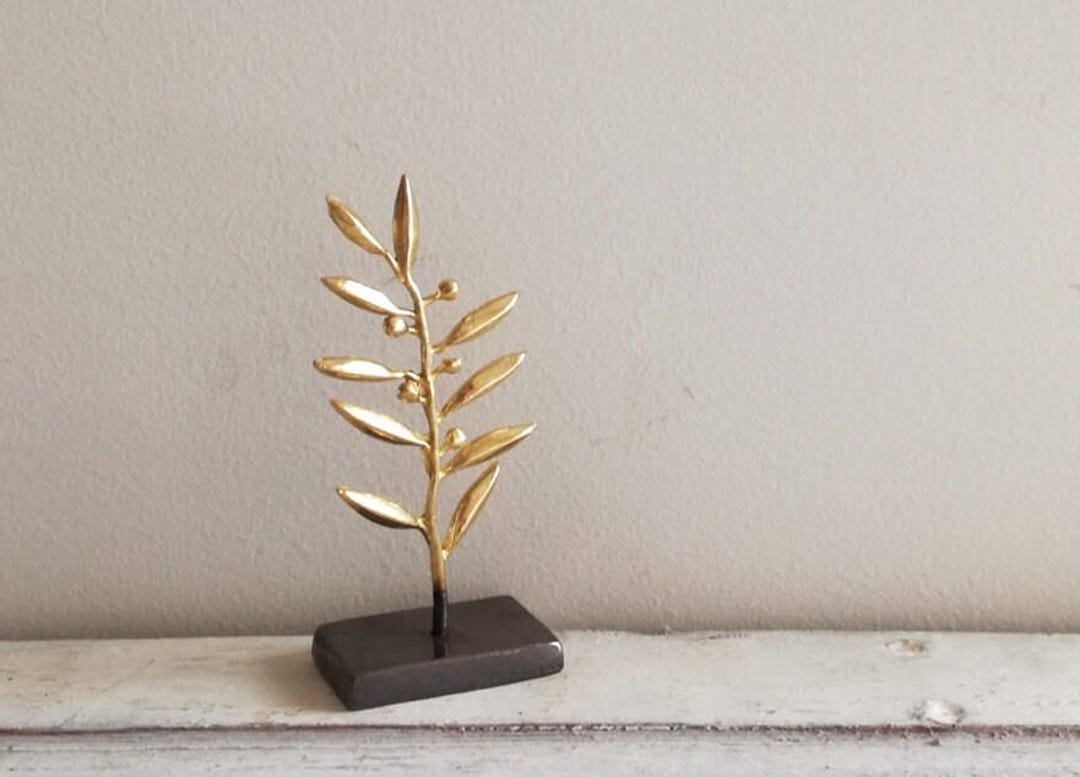Olive Branch Sculpture, Thin Olive Branch on an Oxidised Base, Golden ...