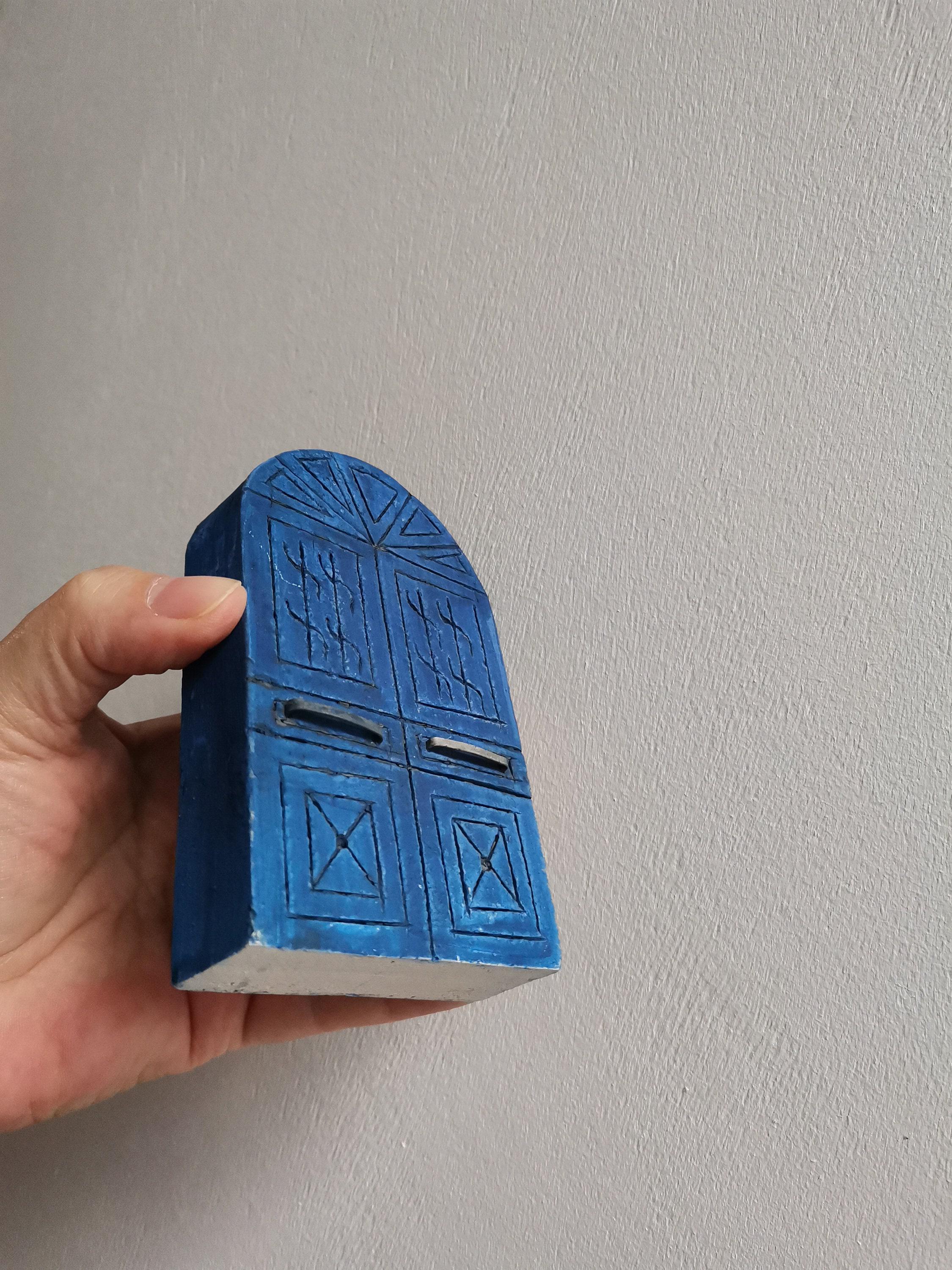 Blue Front Door Sculpture, Dark Blue Greek Gate, Domed, Stoneware Greek ...