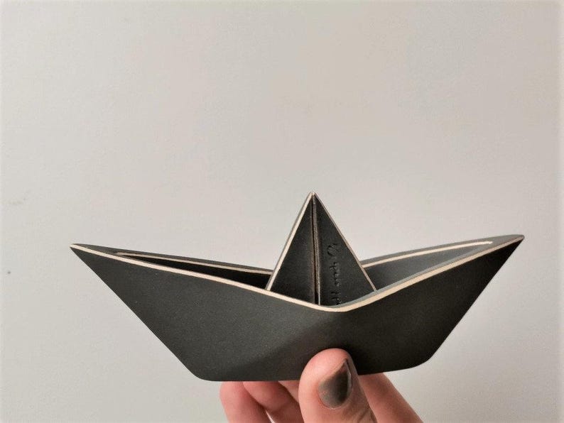 Ceramic Paper Boat, Grey Paper Boat Art Object, Good Luck Paper Boat ...