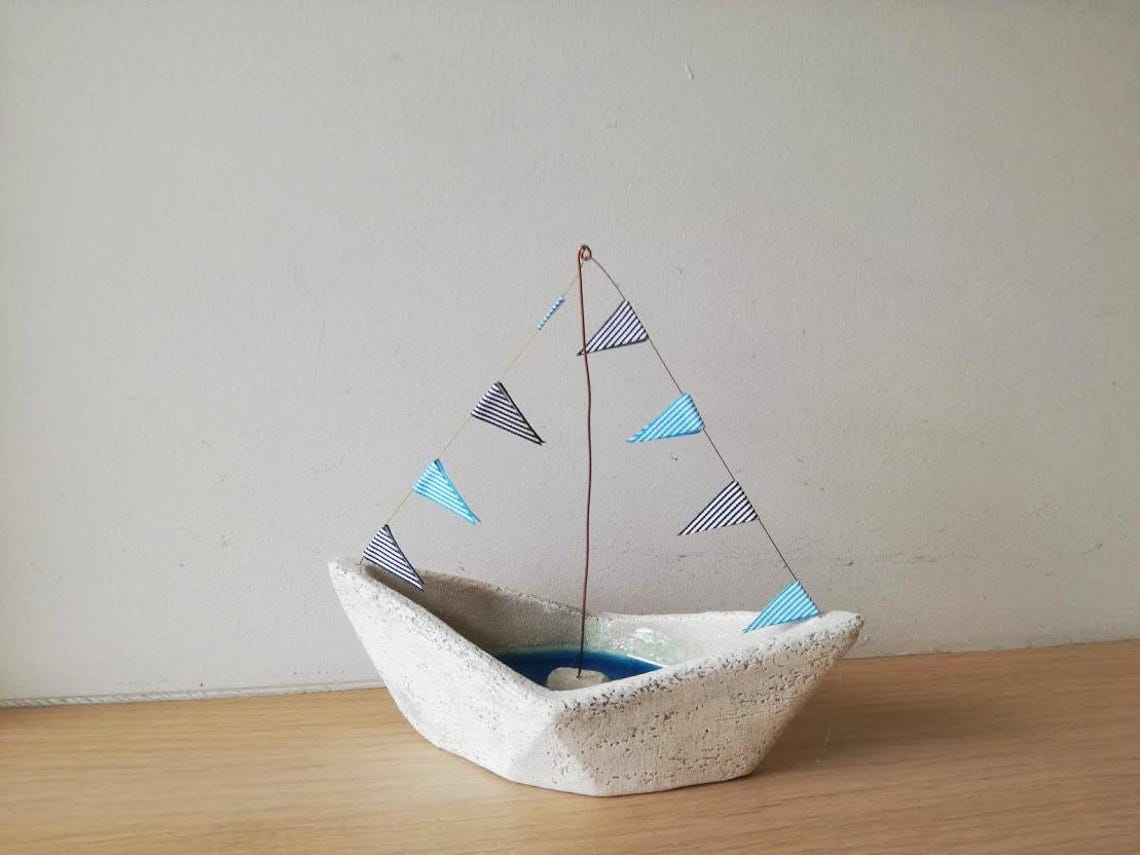 White Blue Boat, Ceramic Paperboat With Blue Banners and Cracked Blue ...