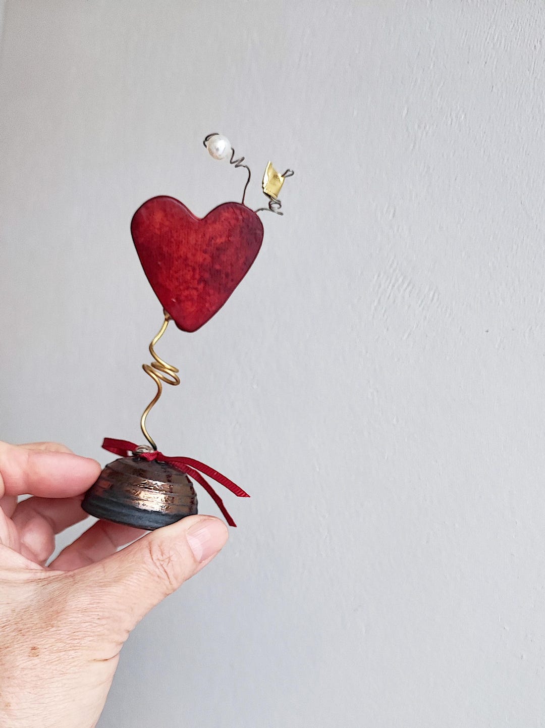 Ceramic Red Heart, Small Ceramic, Heart Sculpture on Chocolate Brown ...