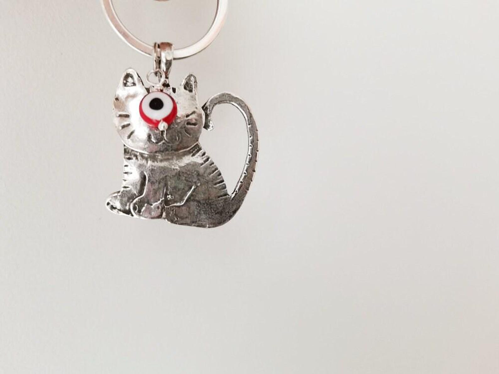 Smiling Cat Keyring, Alloy Cat Key Chain With Red Eye Bead, Greek Folk ...