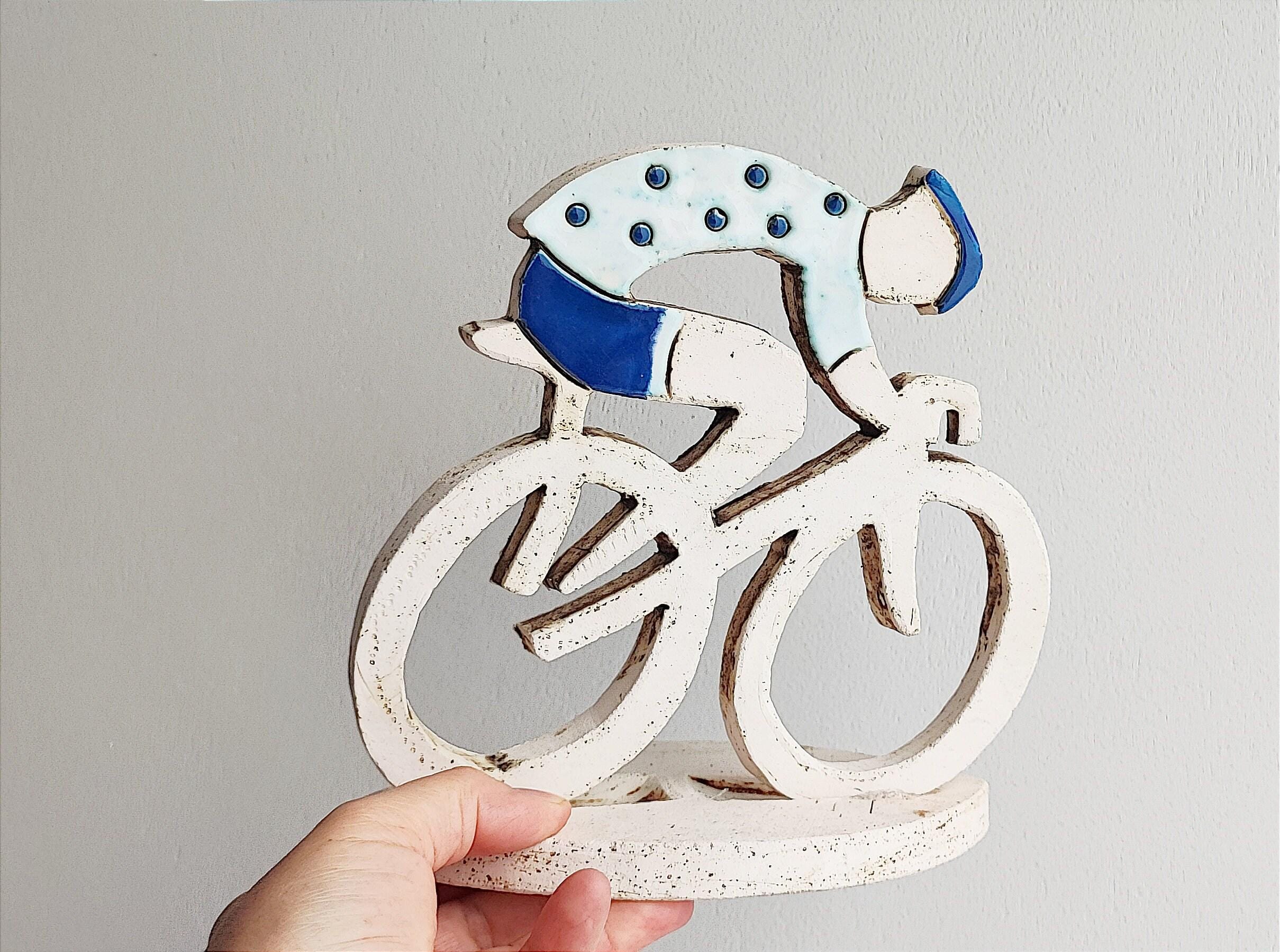 Blue Cyclist Figurine, Modern Cyclist Sculpture, Earthenware Clay ...