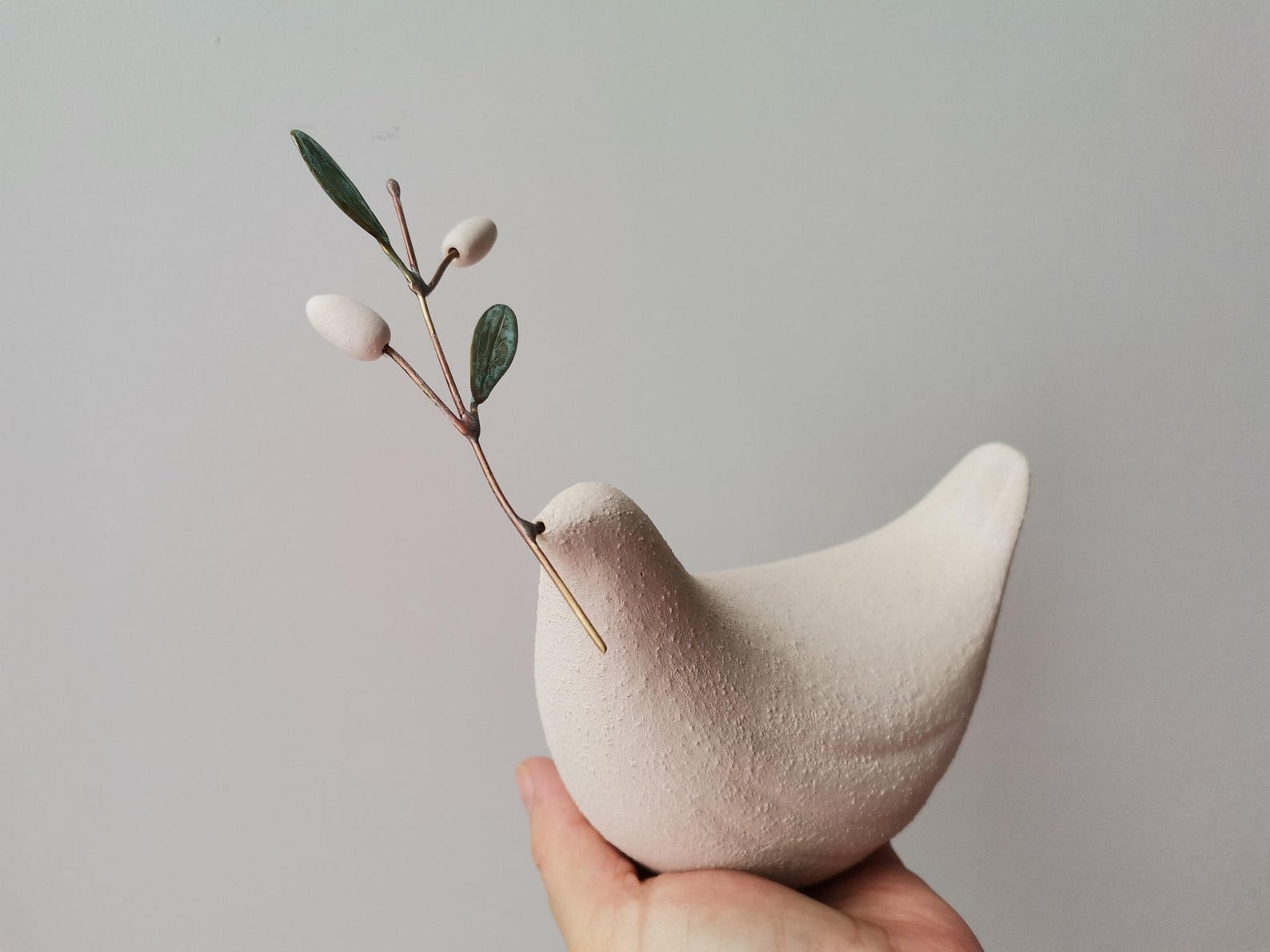 White Dove Sculpture, Stoneware Clay, Unglazed Dove Figure With Olive ...