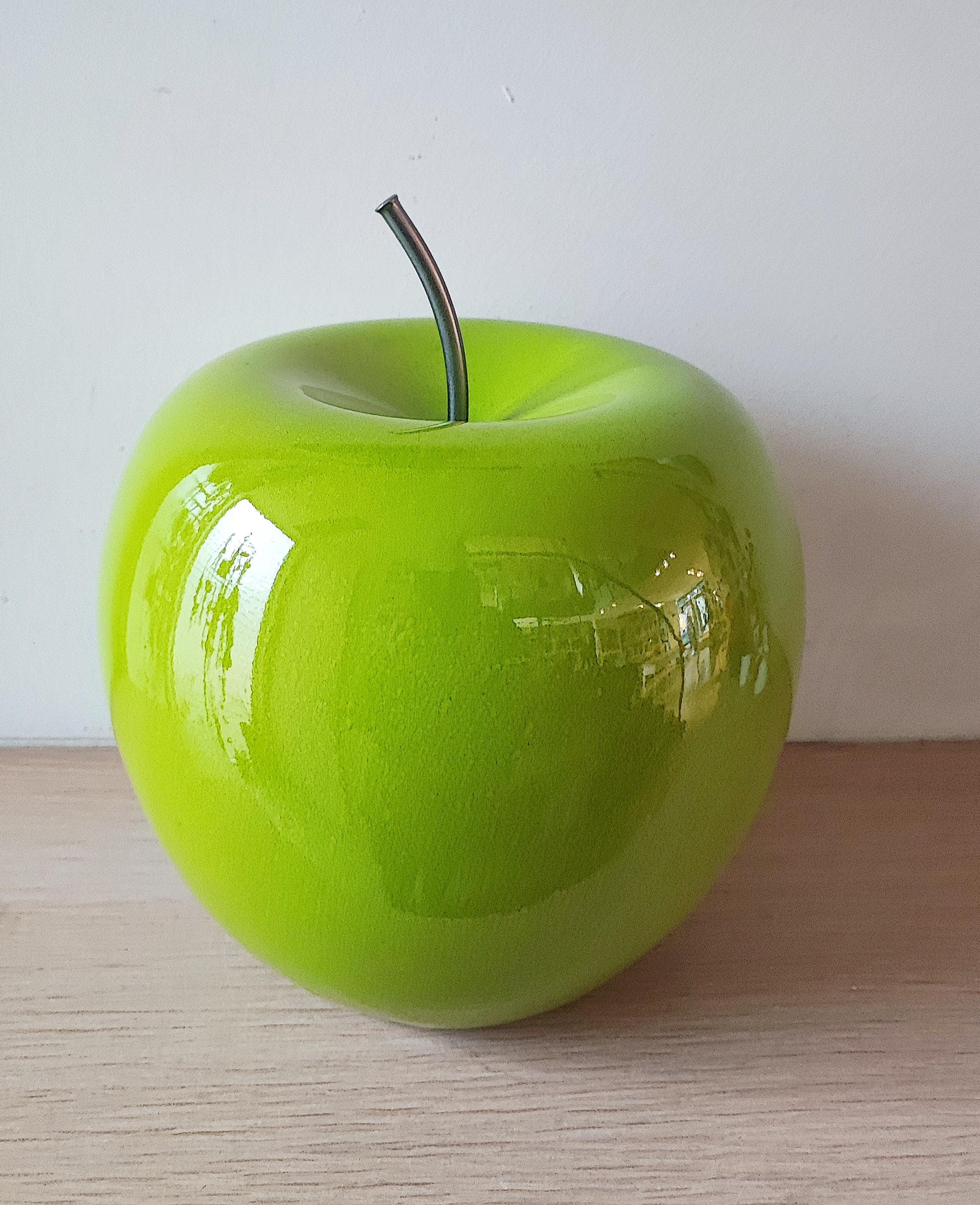 Green Apple Sculpture, Large Green Ceramic Apple With Black, Iron Stem ...