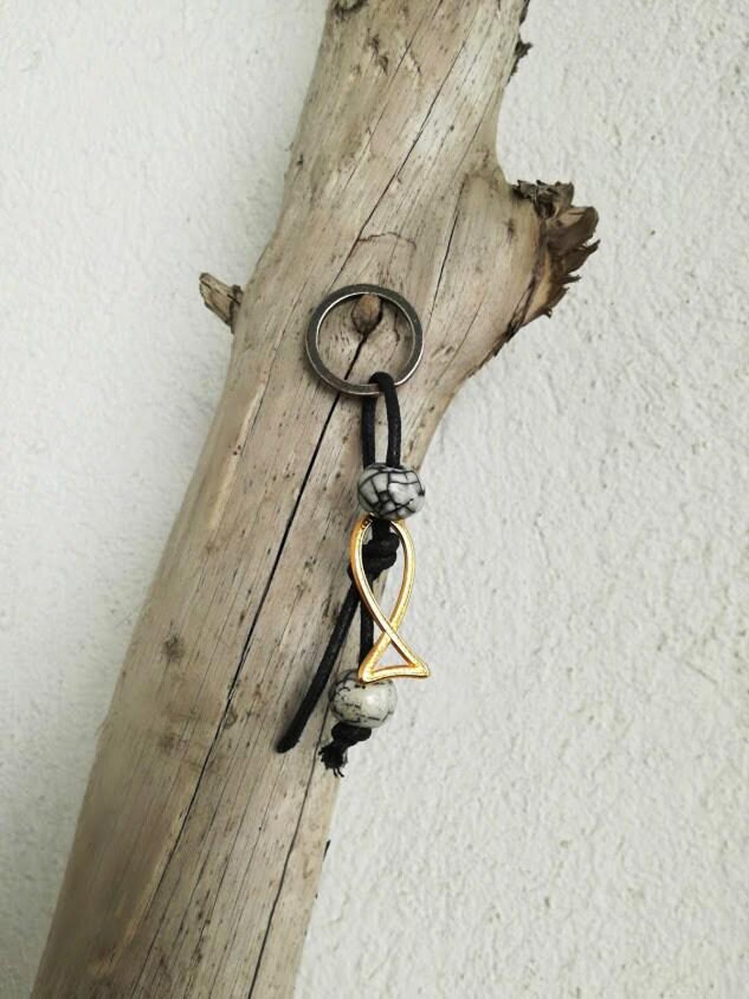 Gold Fish Keychain, Gold Fish Outline Key Ring With Craquele Bead ...