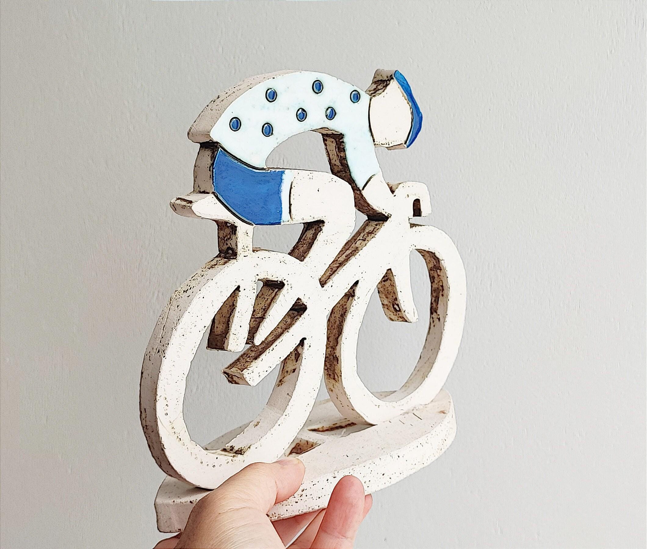 Blue Cyclist Figurine, Modern Cyclist Sculpture, Earthenware Clay ...