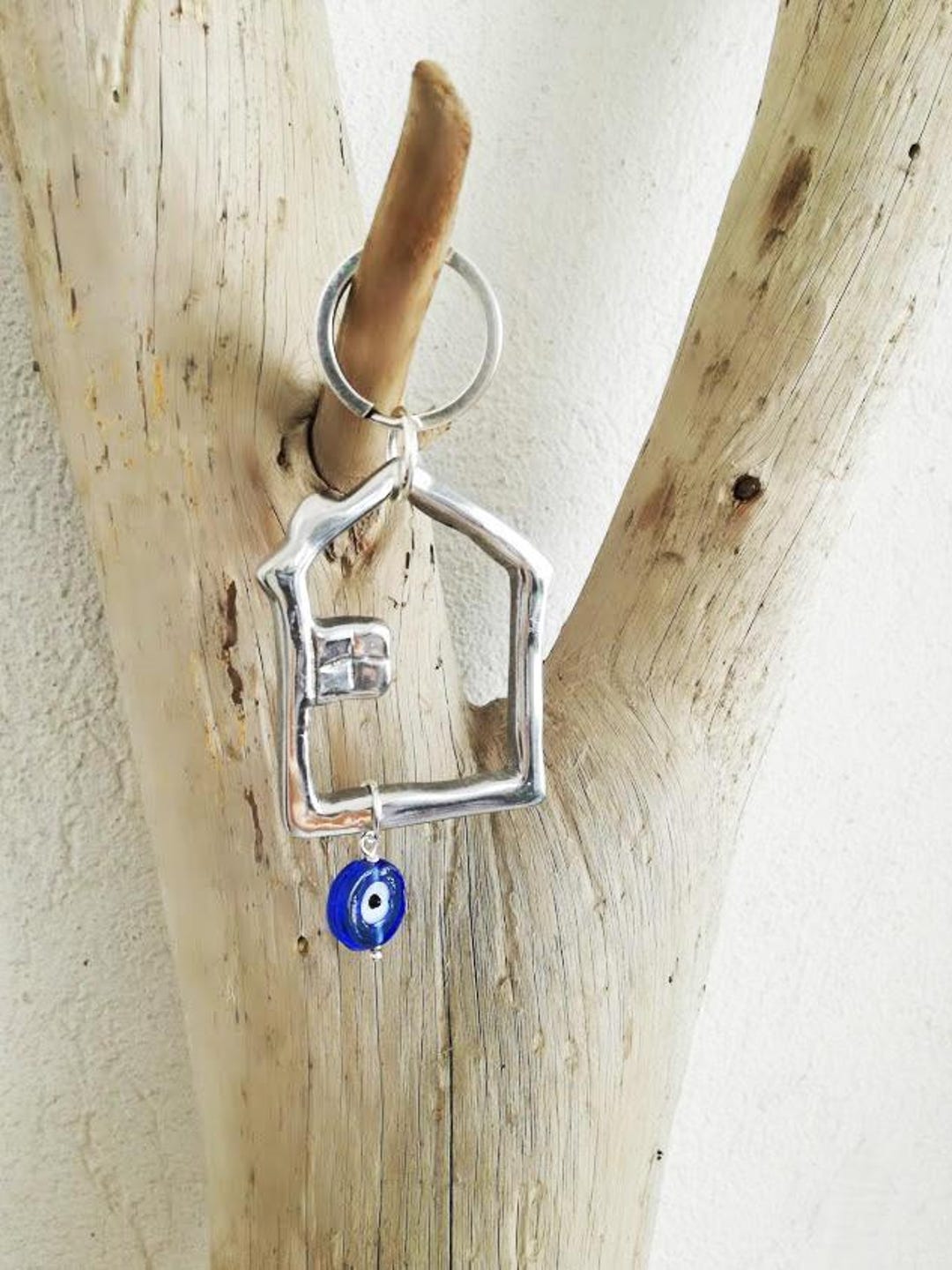 Silver House Keychain, Aluminum House Outline Key Ring With Glass Blue ...
