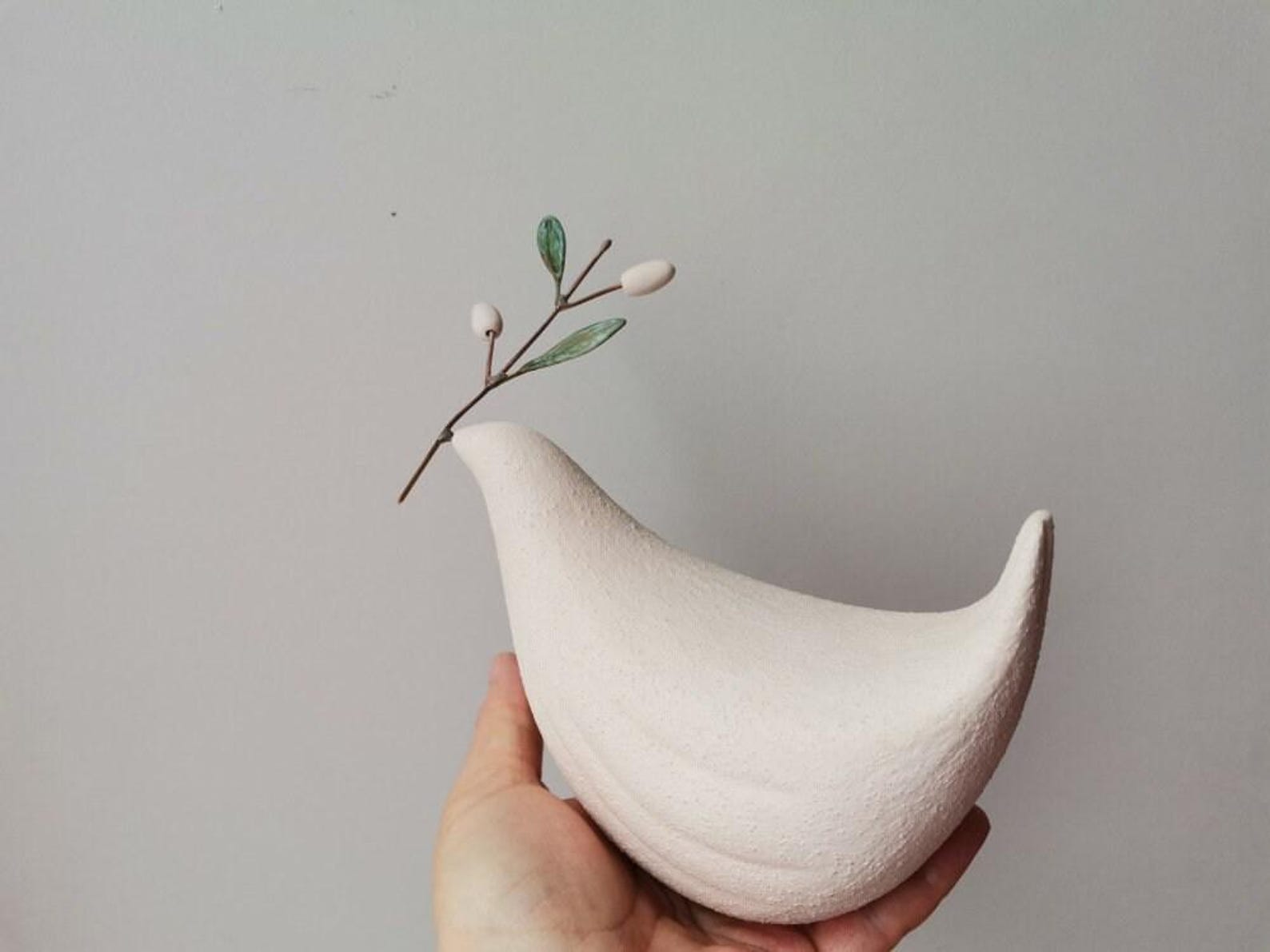 White Dove Sculpture, Stoneware Clay, Unglazed Dove Figure With Olive ...