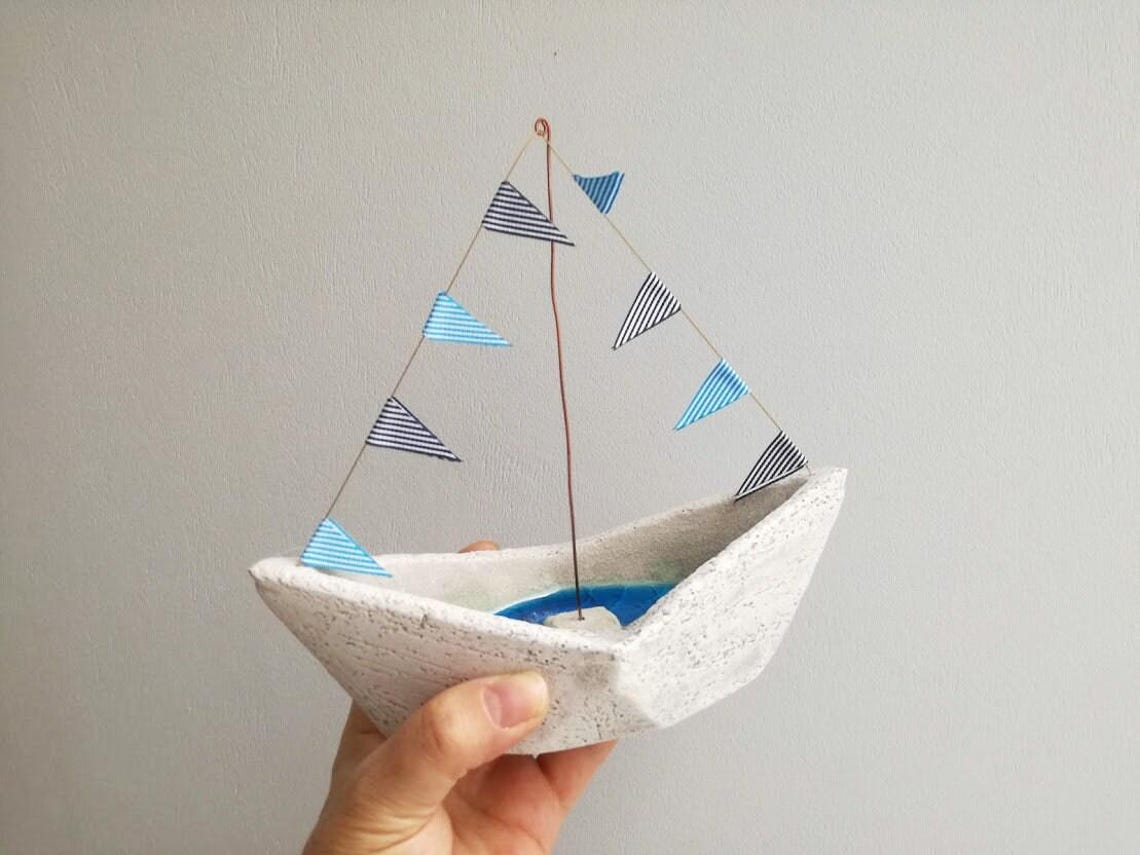 White Blue Boat, Ceramic Paperboat With Blue Banners and Cracked Blue ...