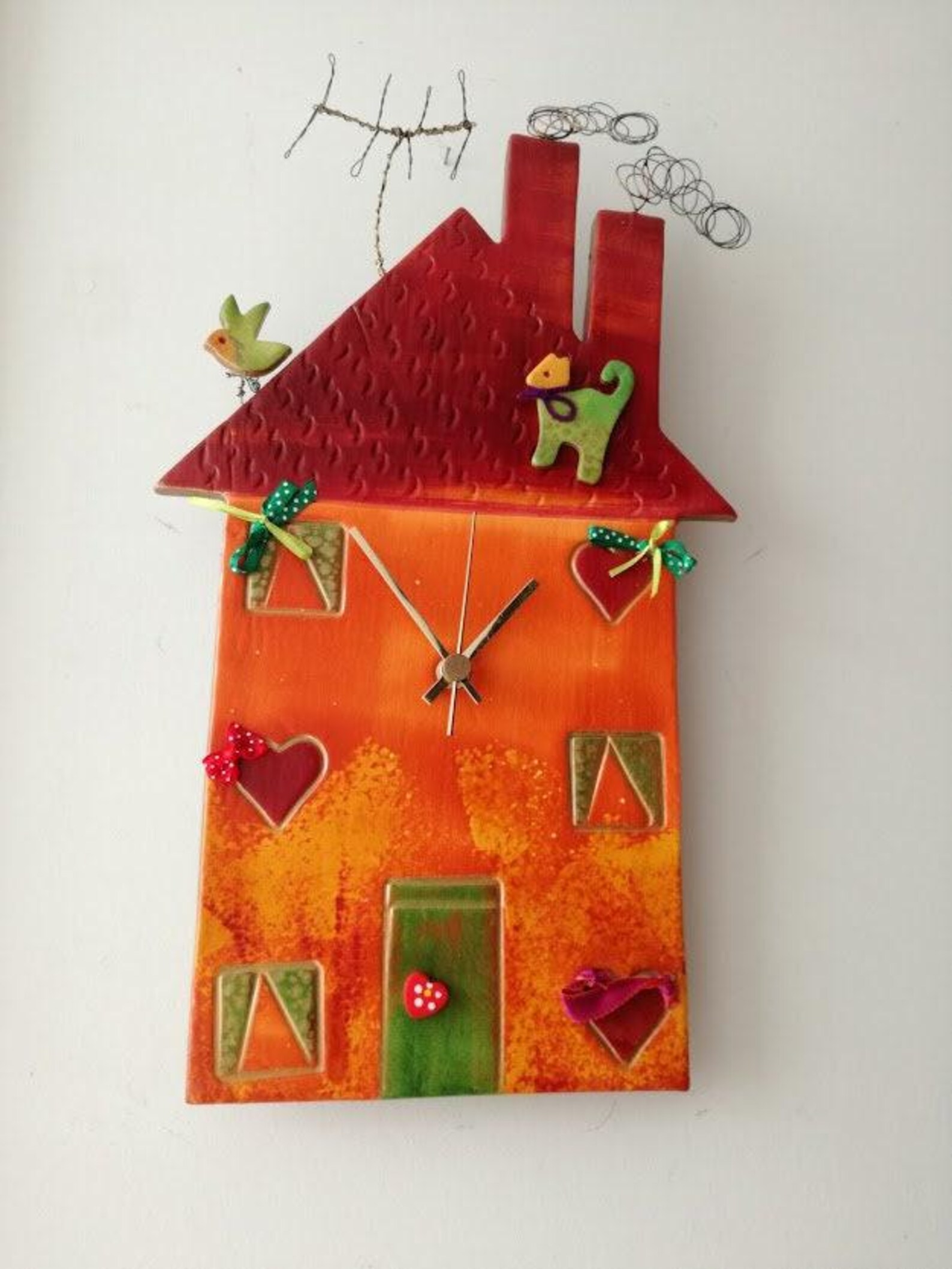 Red House Clock, Colourful Ceramic House Clock, House Shaped Wall Clock ...