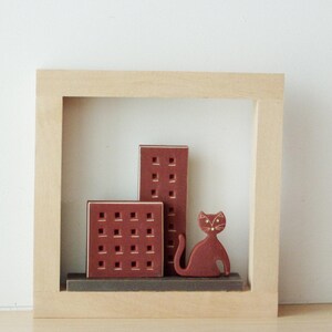 Cat and City Wall Decor, Red Cat With Tall Buildings in Wooden Frame ...