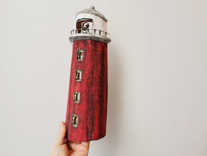 Red Lighthouse Sculpture, Stoneware Lighthouse Wall Hanging in Red With ...