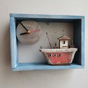 Red Boat Clock, Wooden Frame Clock With Wooden Boat Miniature, Rustic ...