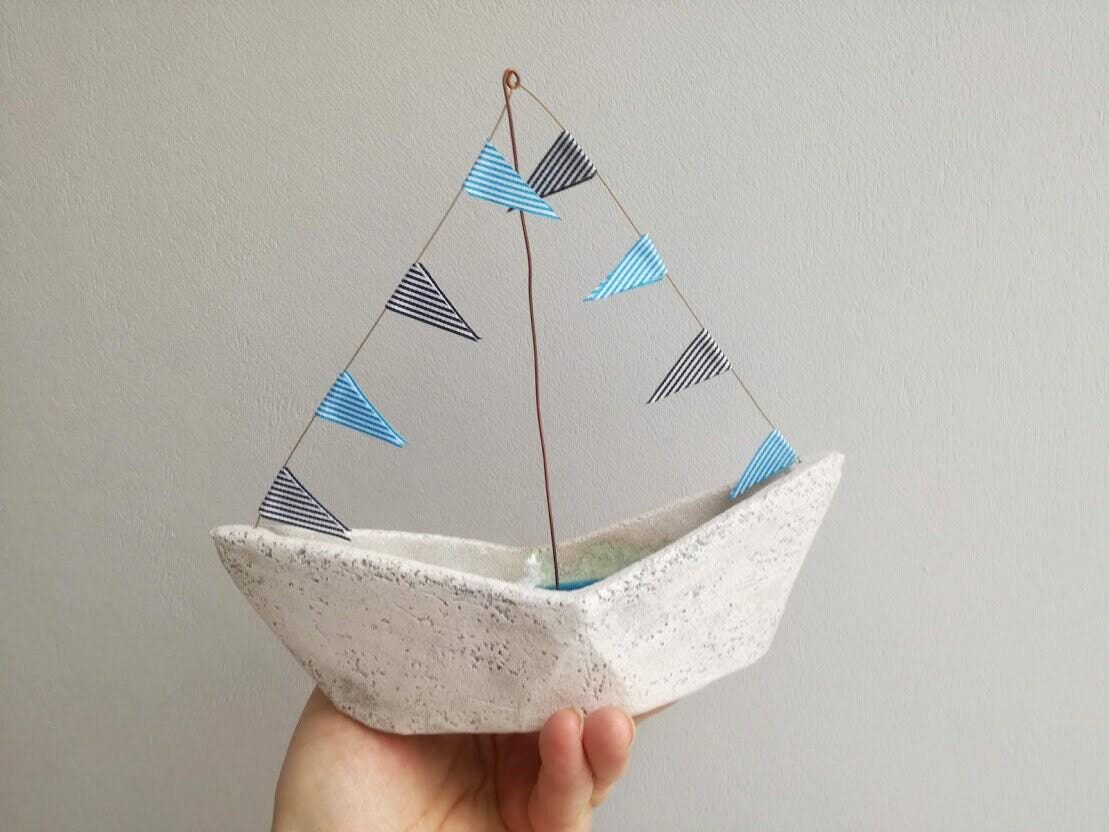 White Blue Boat, Ceramic Paperboat With Blue Banners and Cracked Blue ...