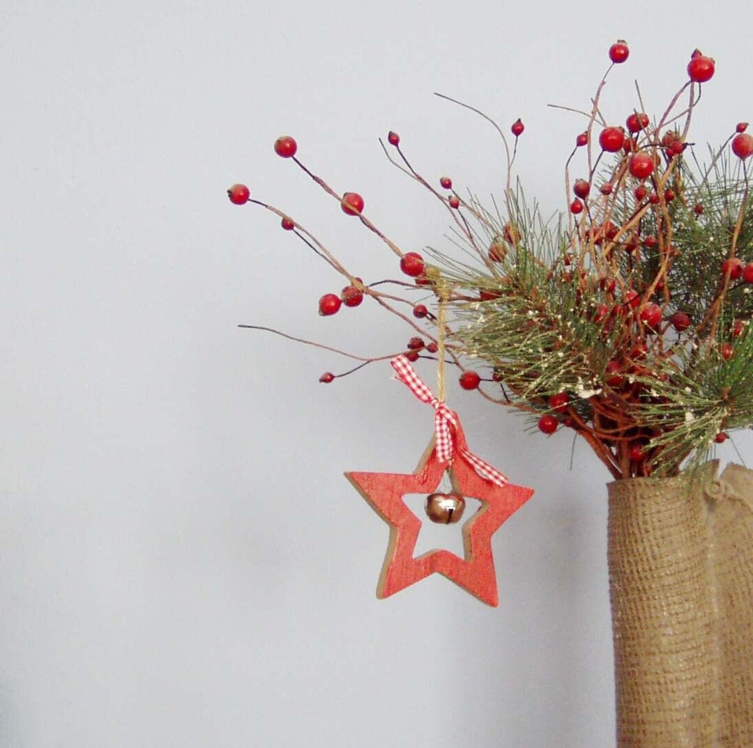 Red Star Ornament, Wooden, Red Star Outline With Silver Bell, Vintage ...