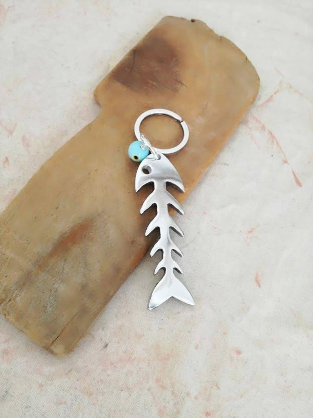 Silver Fishbone Keychain, Aluminum Fish Bone, Mini Sculpture With Blue ...