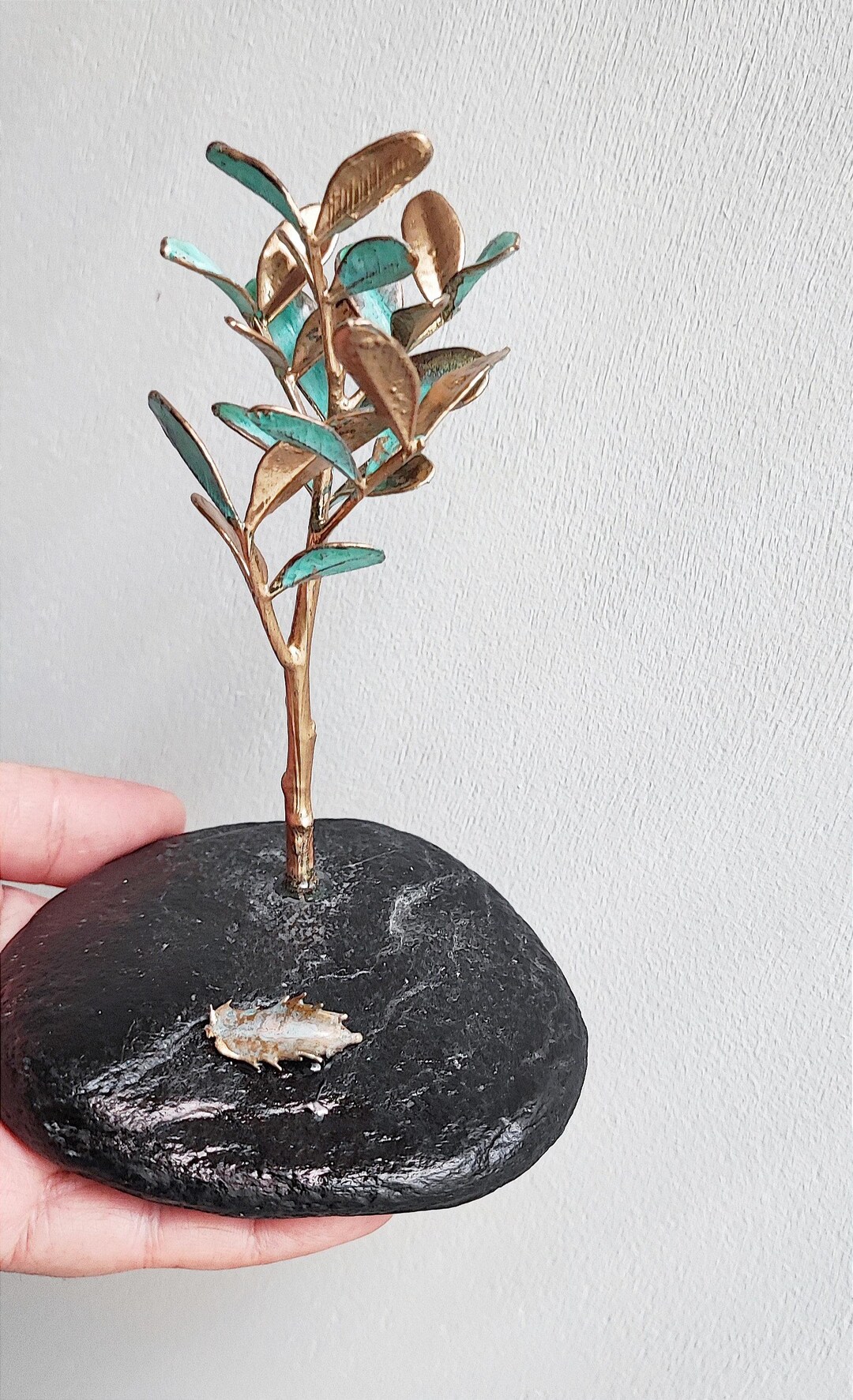 Schinus Tree Card Holder, Brass-copper Twig on Stone, Electroplated ...