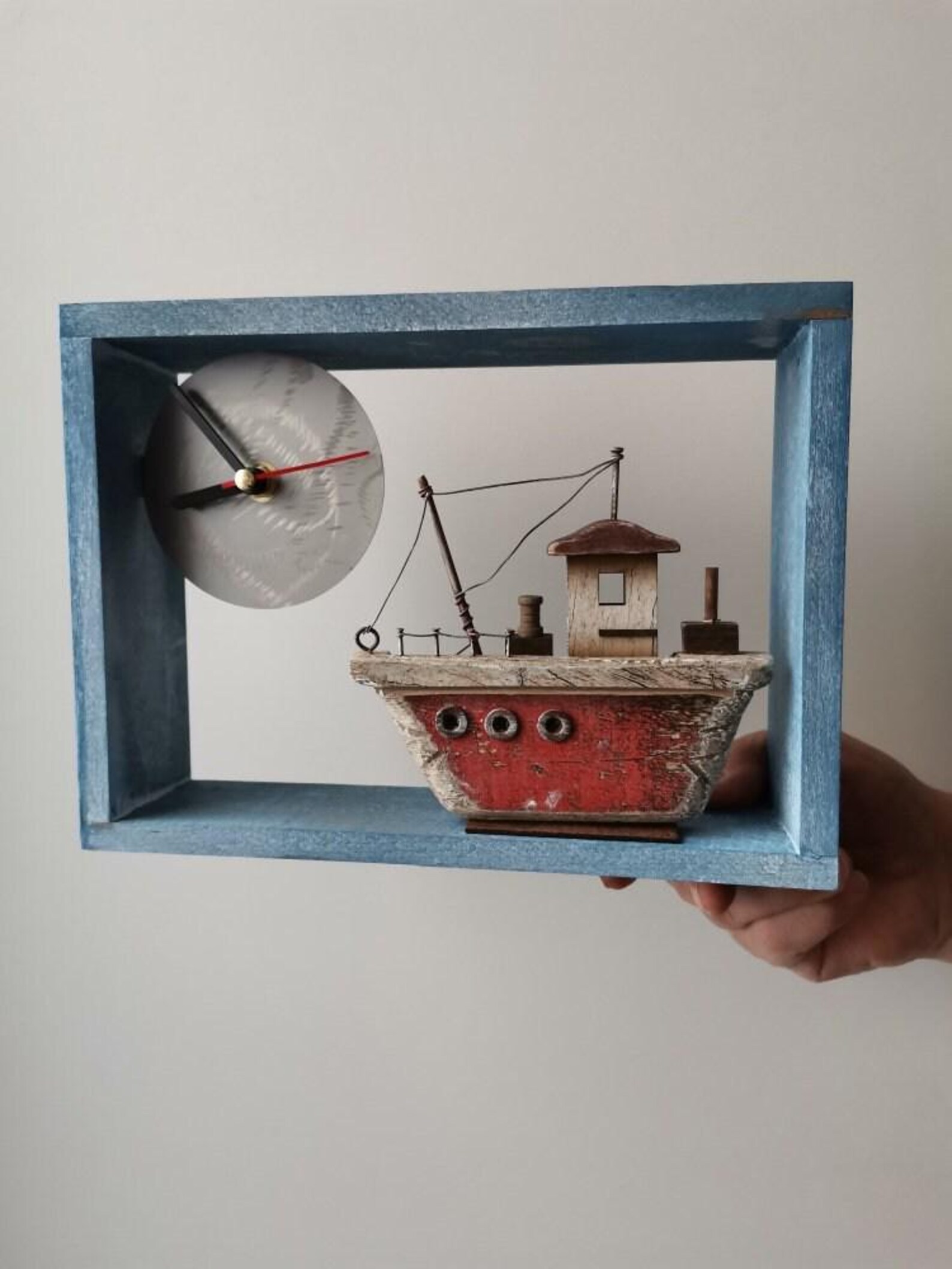 Red Boat Clock, Wooden Frame Clock With Wooden Boat Miniature, Rustic ...