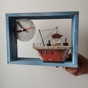 Red Boat Clock, Wooden Frame Clock With Wooden Boat Miniature, Rustic ...