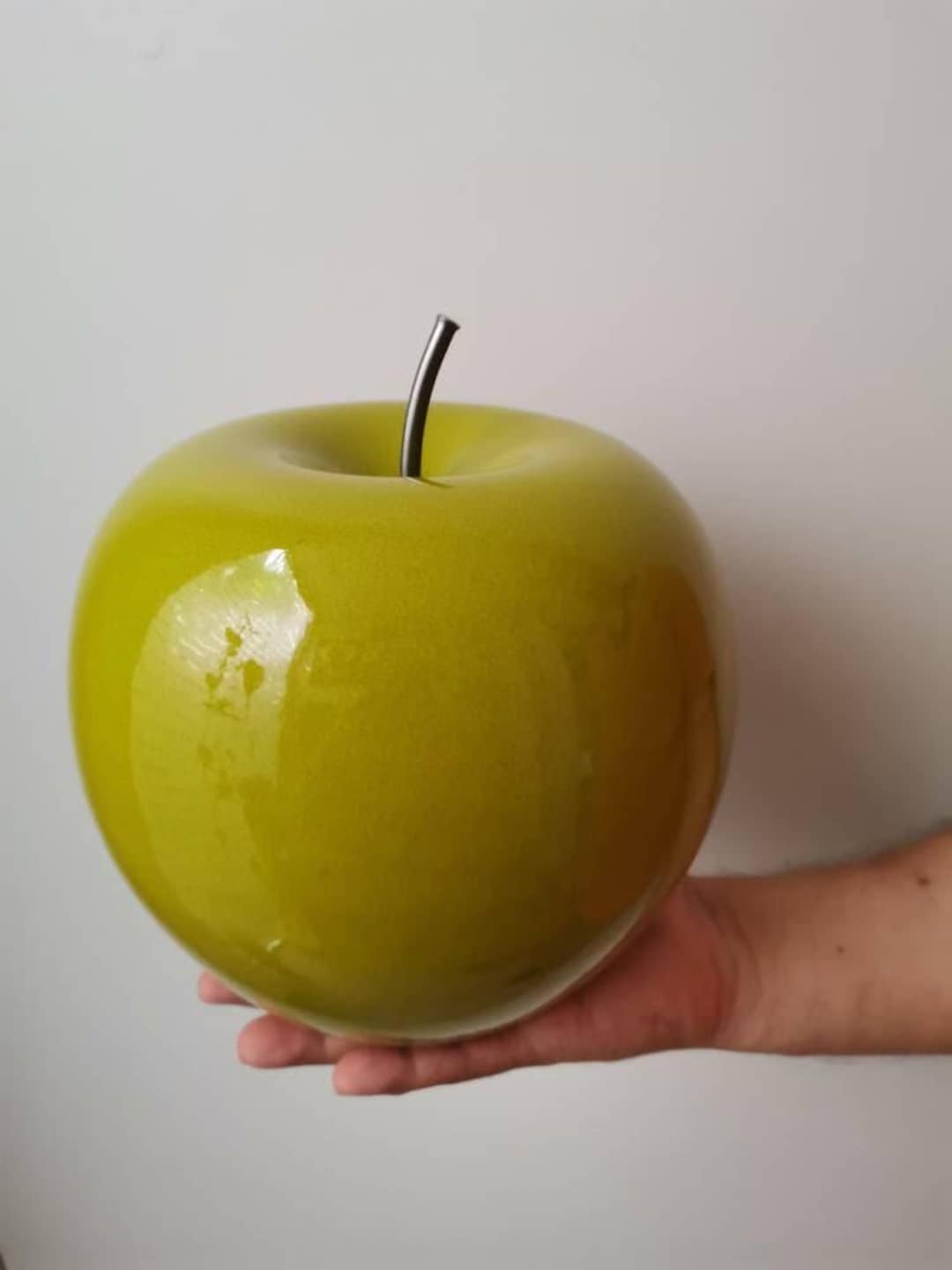 Green Apple Sculpture, Large Green Ceramic Apple With Black, Iron Stem ...