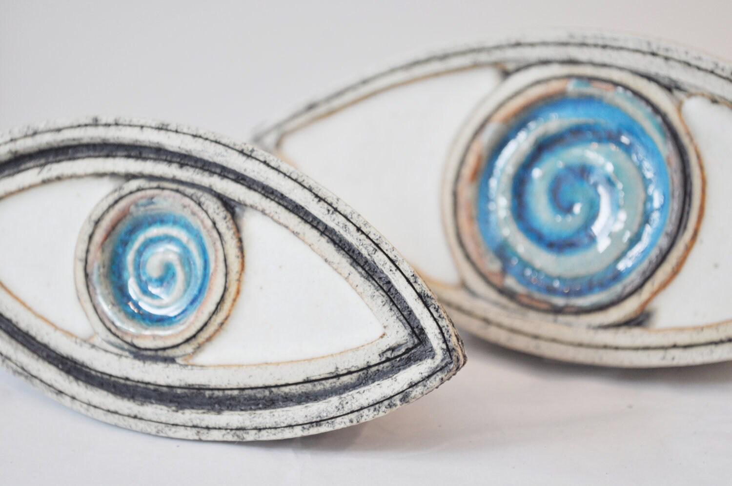 Stoneware Blue Eye Sculpture, High Fire Greek Ceramics, Turquoise Blue ...