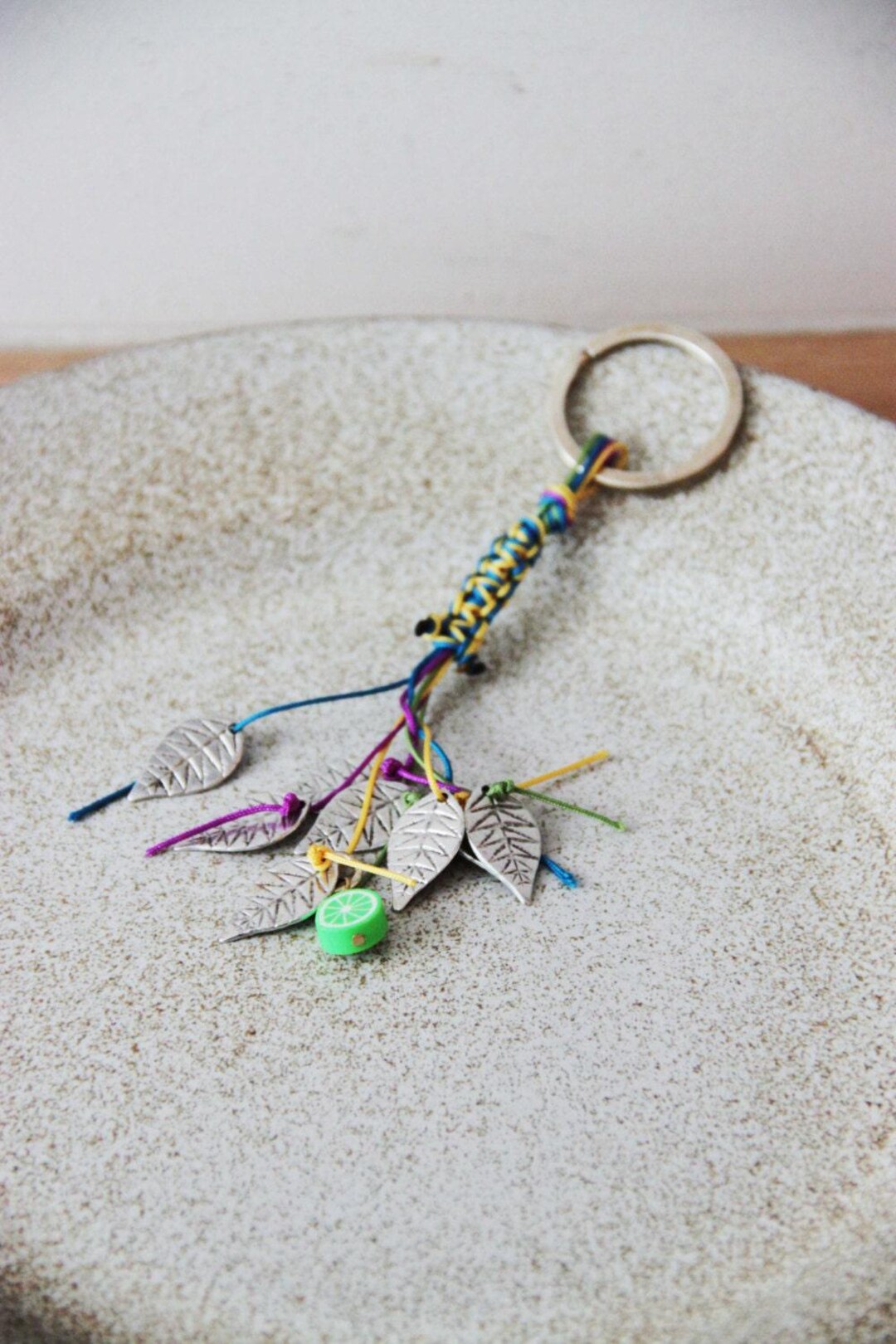 Tree Leaves Key Ring, Macrame Colourful Cords Key Chain With Silver Colour, Alloy Leaves, Long ...