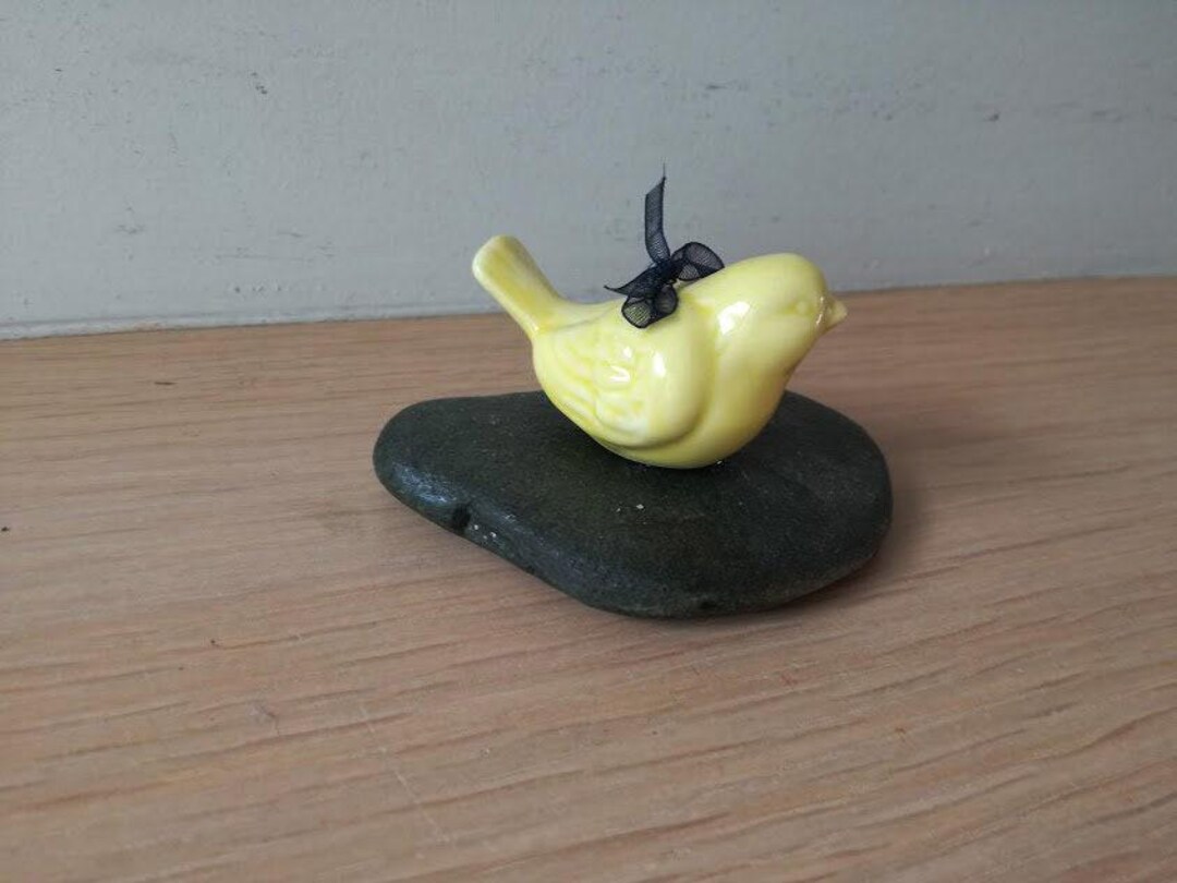 Yellow Bird Figure, Ceramic Bird Figurine on Black Stone, Sitting Bird ...
