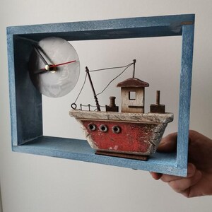 Red Boat Clock, Wooden Frame Clock With Wooden Boat Miniature, Rustic ...
